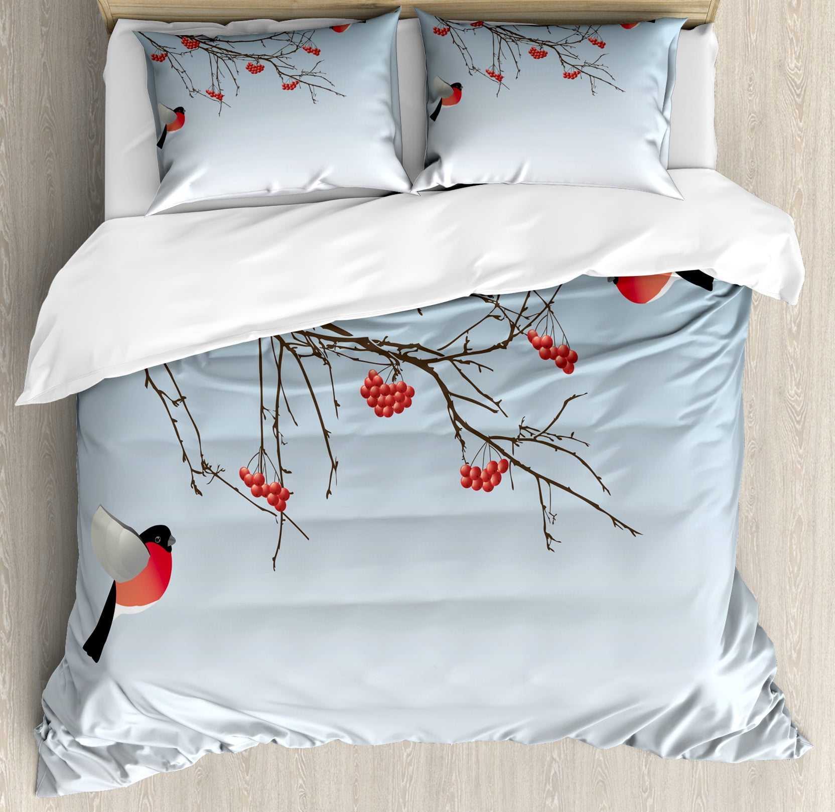 Rowan Duvet Cover Set, Bullfinch Birds Flying and on Branches Winter ...