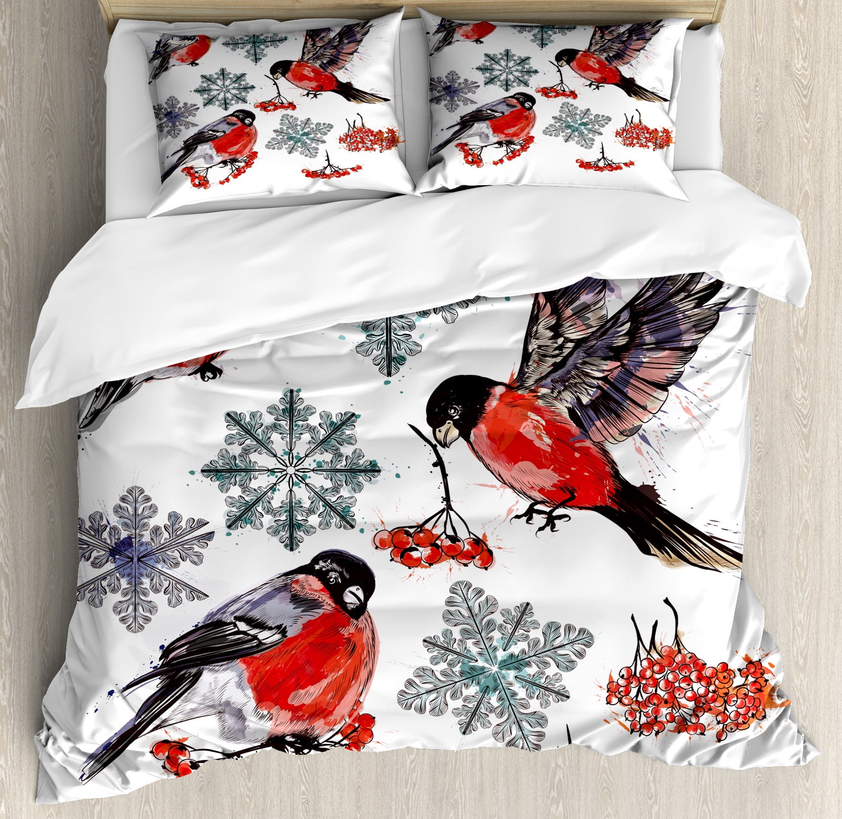 Rowan Duvet Cover Set, Christmas Pattern of Bullfinch Birds Snowflakes ...