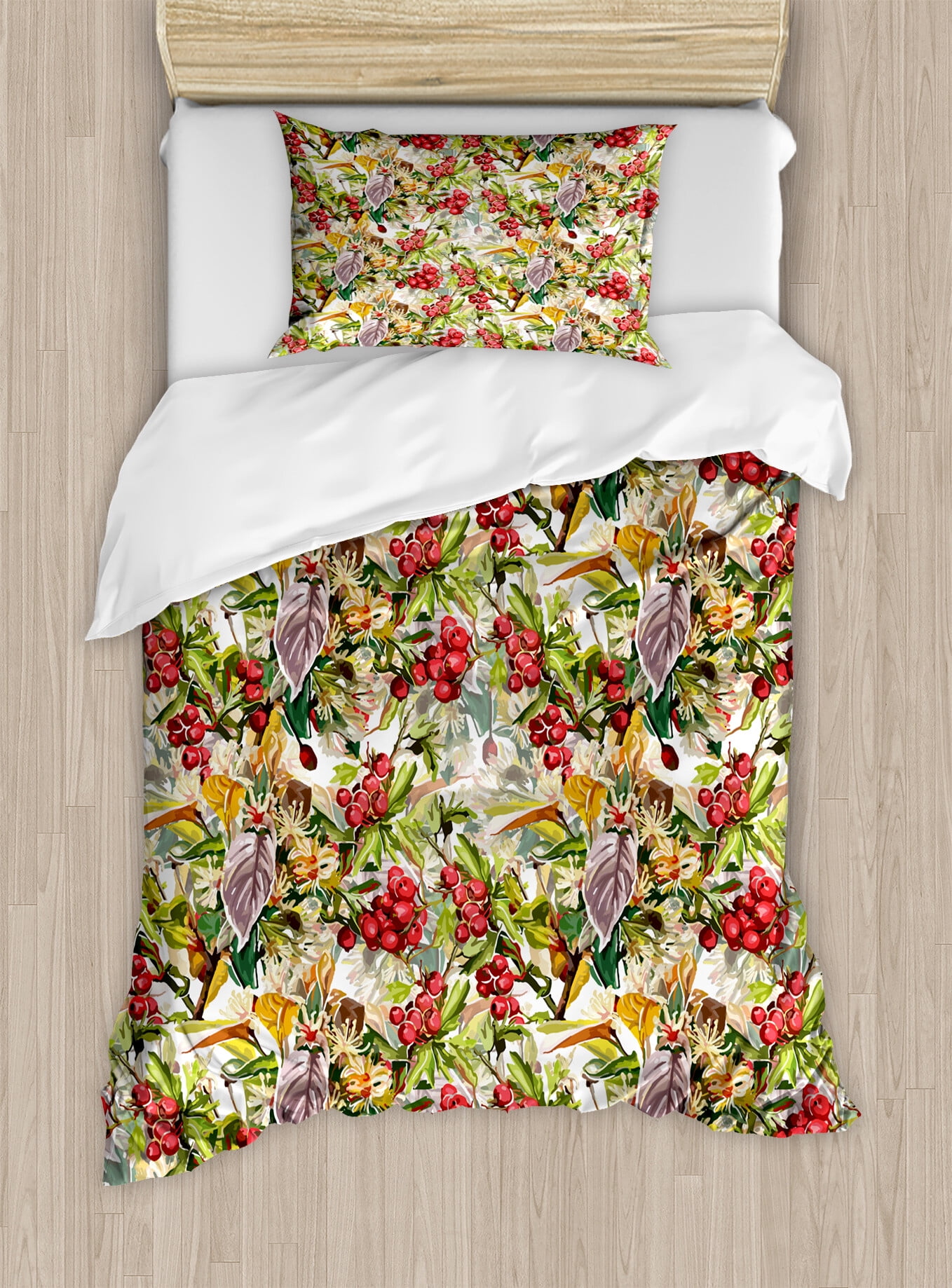 Rowan Duvet Cover Set, Mixed Pattern of Rural Wild Flowers Leaves and ...