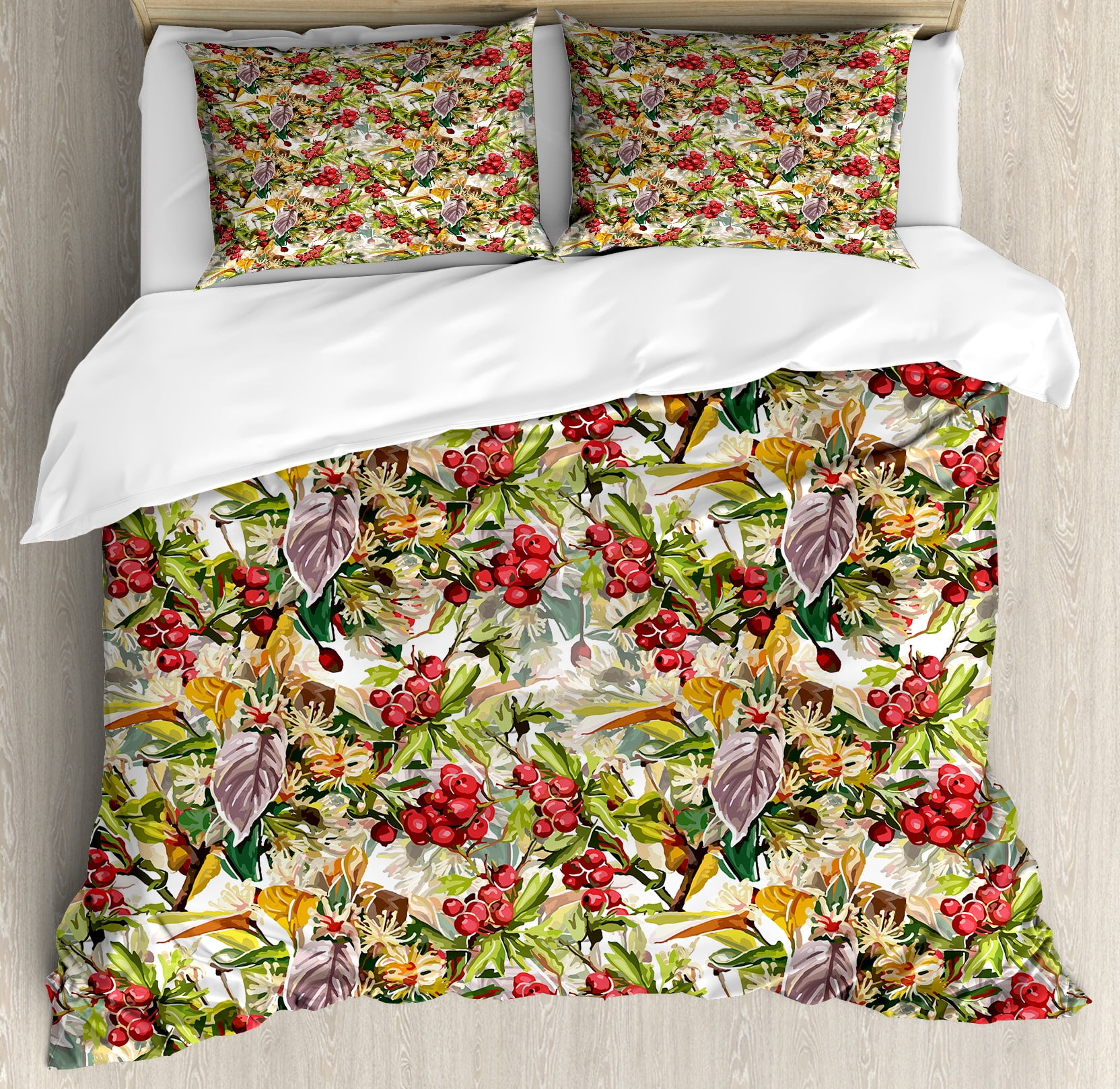 Rowan Duvet Cover Set, Mixed Pattern of Rural Wild Flowers Leaves and ...