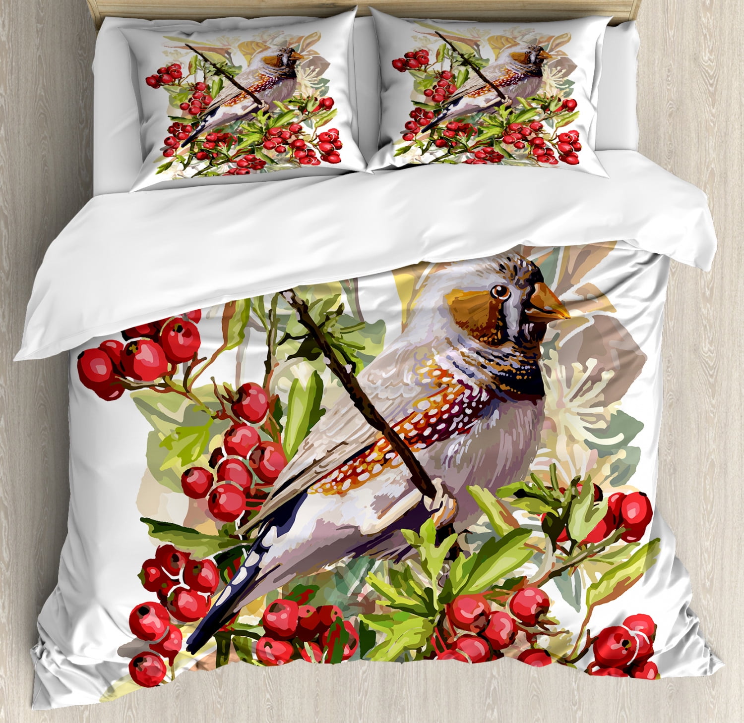 Rowan Duvet Cover Set Queen Size, Colorful Bird Flower and Rowan Shrubs ...