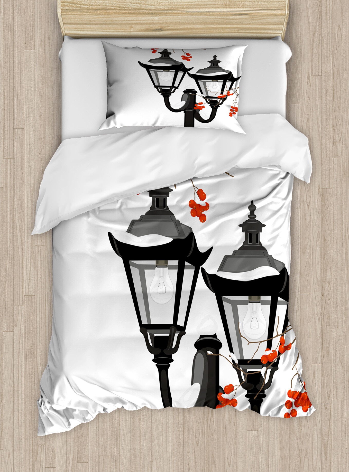 Rowan Duvet Cover Set, Street Lamp Among Snowy Rowan Branches Christmas ...