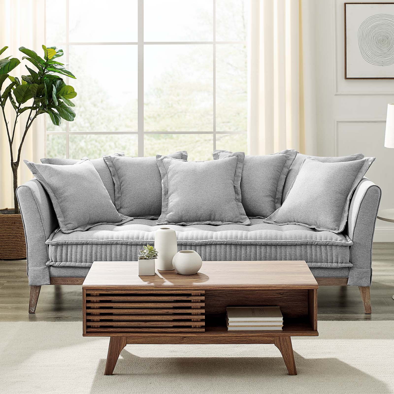 Modway Rowan Light Gray Fabric Sofa with Dense Foam Padding and 7 ...