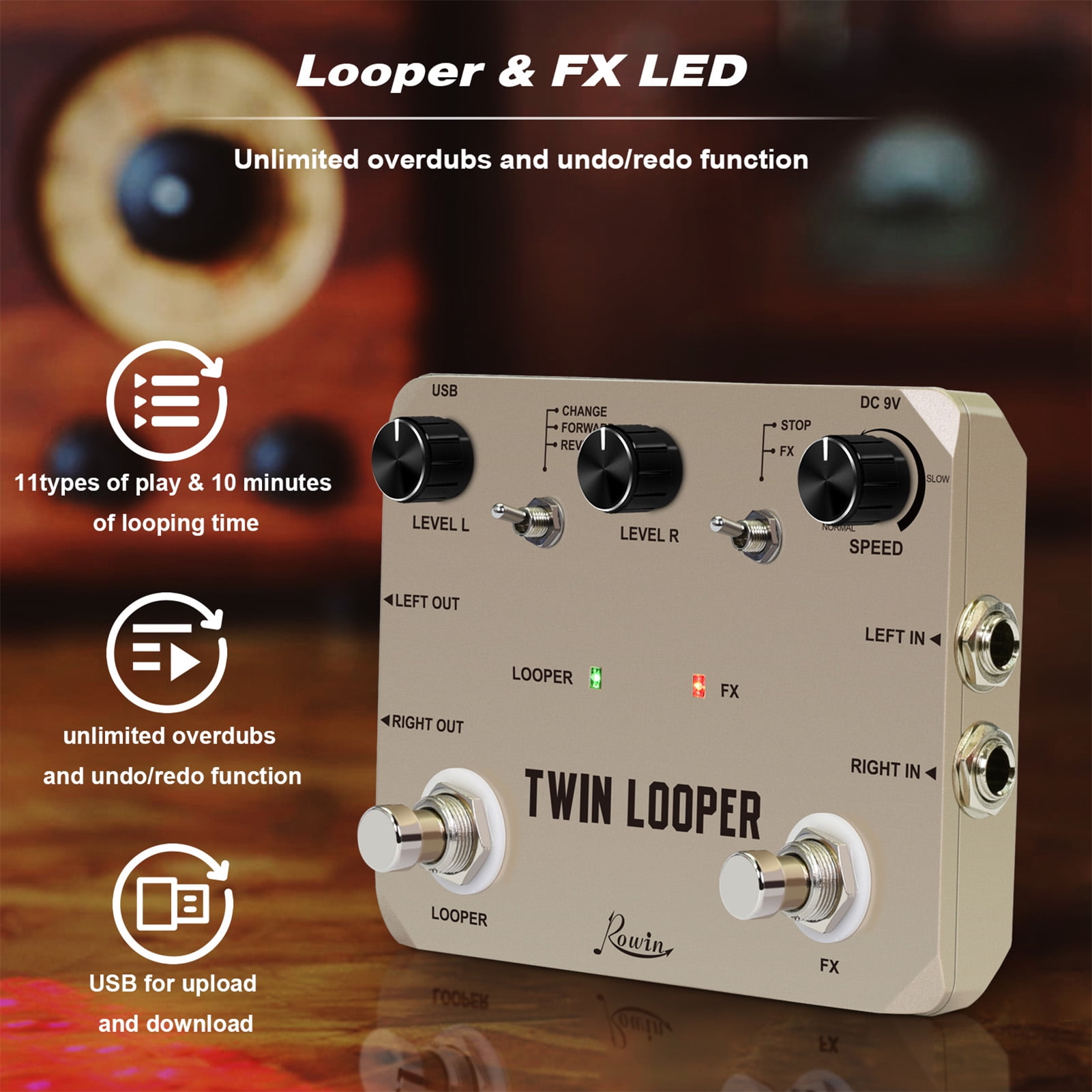 Rowin Guitar Looper Pedal With 2 Footswitch 11 Playback Types 10-Minute ...