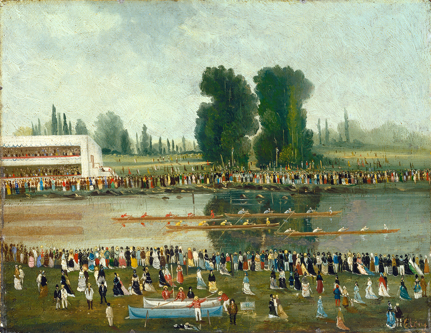 Rowing Scene: Crowds Watching from the River Banks by E. Levy - 12" x ...