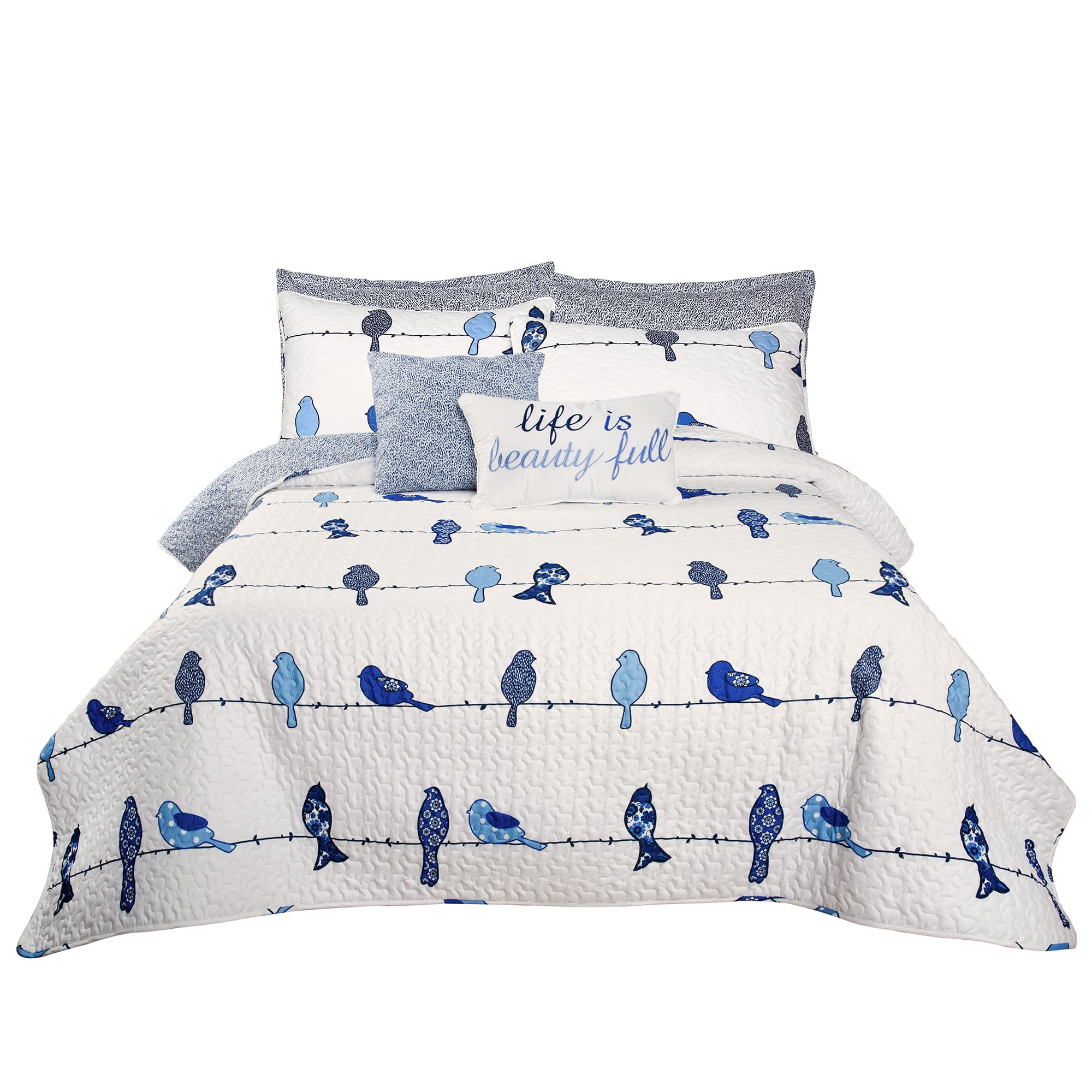 Rowley Birds Quilt Set 7 Piece Full Queen Reversible Bird Bedding with ...