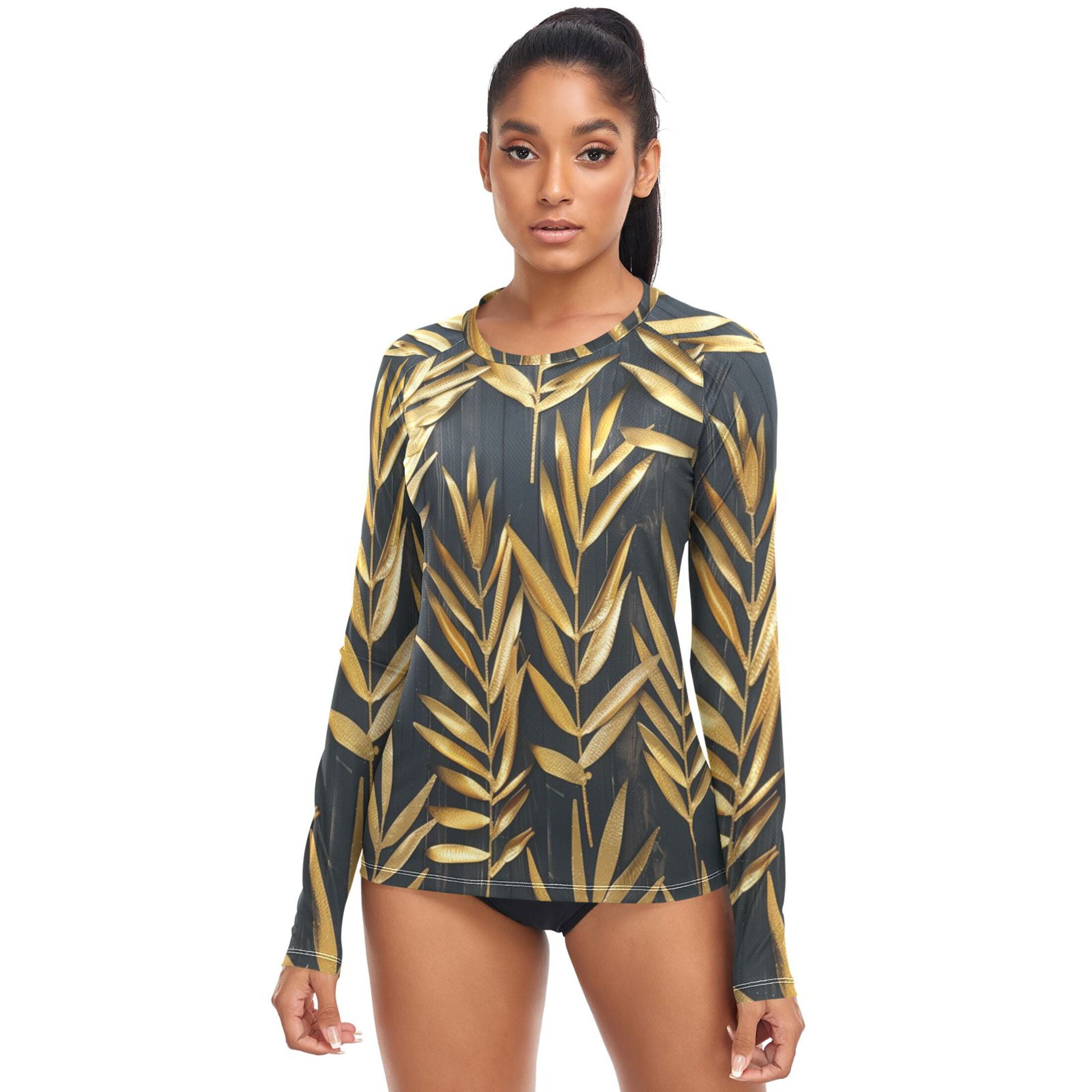 Rows Of Gold Palm Leaves Women's Rash Guard Shirts UPF 50+ Sun ...