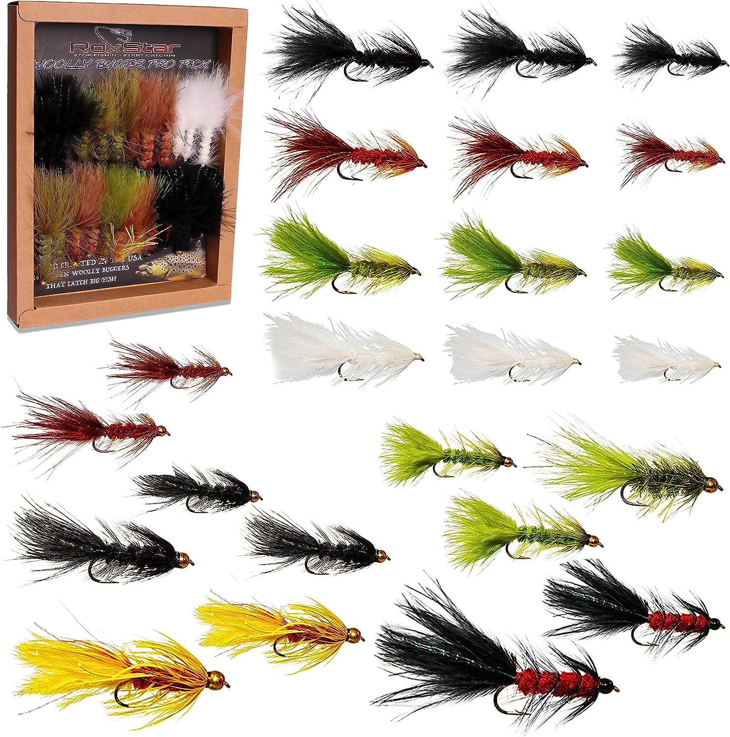 RoxStar Fishing Wooly Bugger Flies Assortment, 24 Pieces, Bass Fly ...