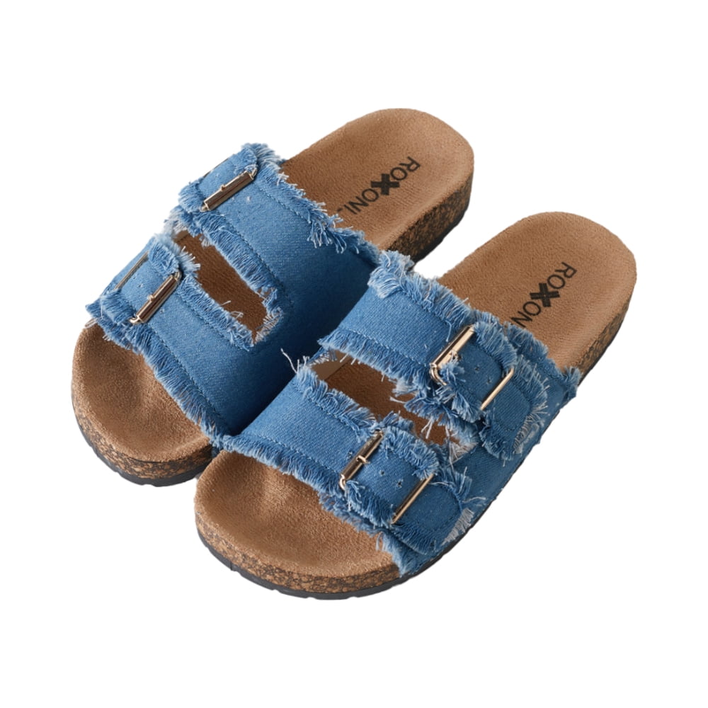 Roxoni Women's Suede Slip-On Flat Sandals, Double Buckle, Open Toe ...