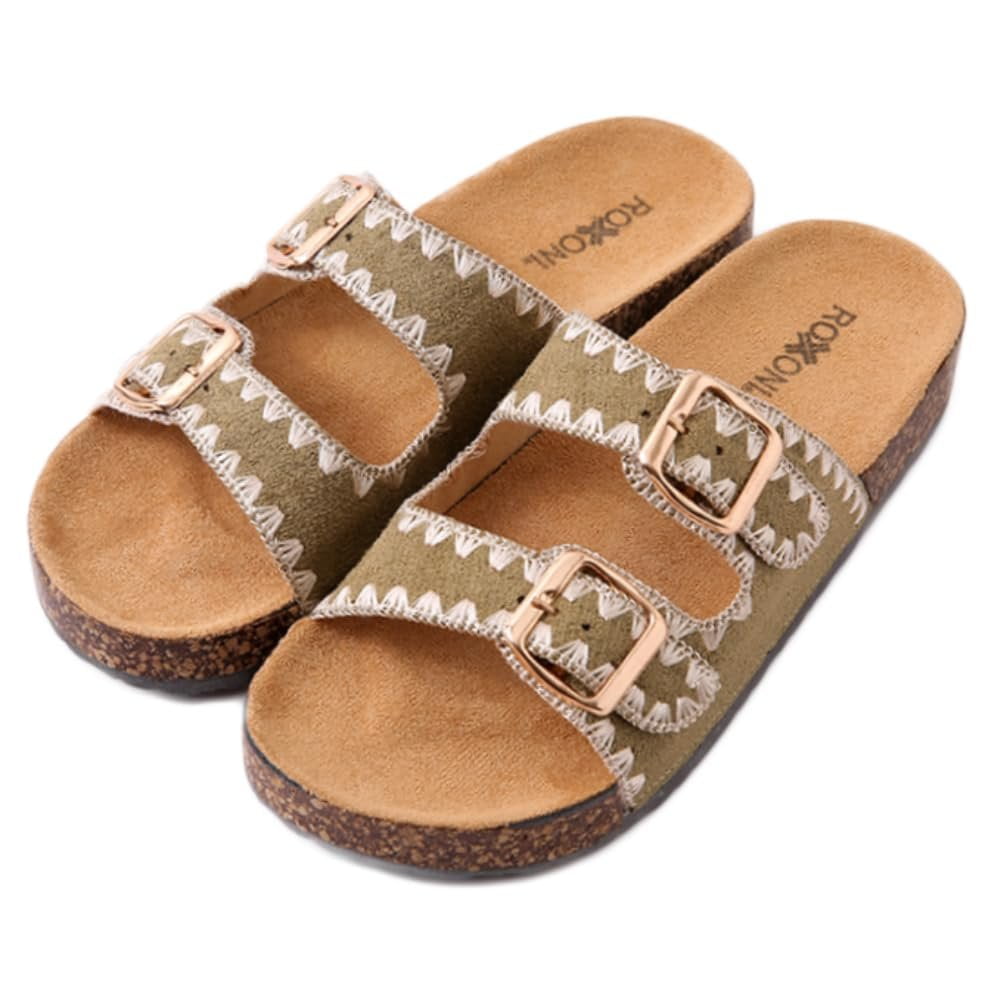 Roxoni Women's Fashion Cork Sole Double Buckle Indoor/Outdoor Sandal ...