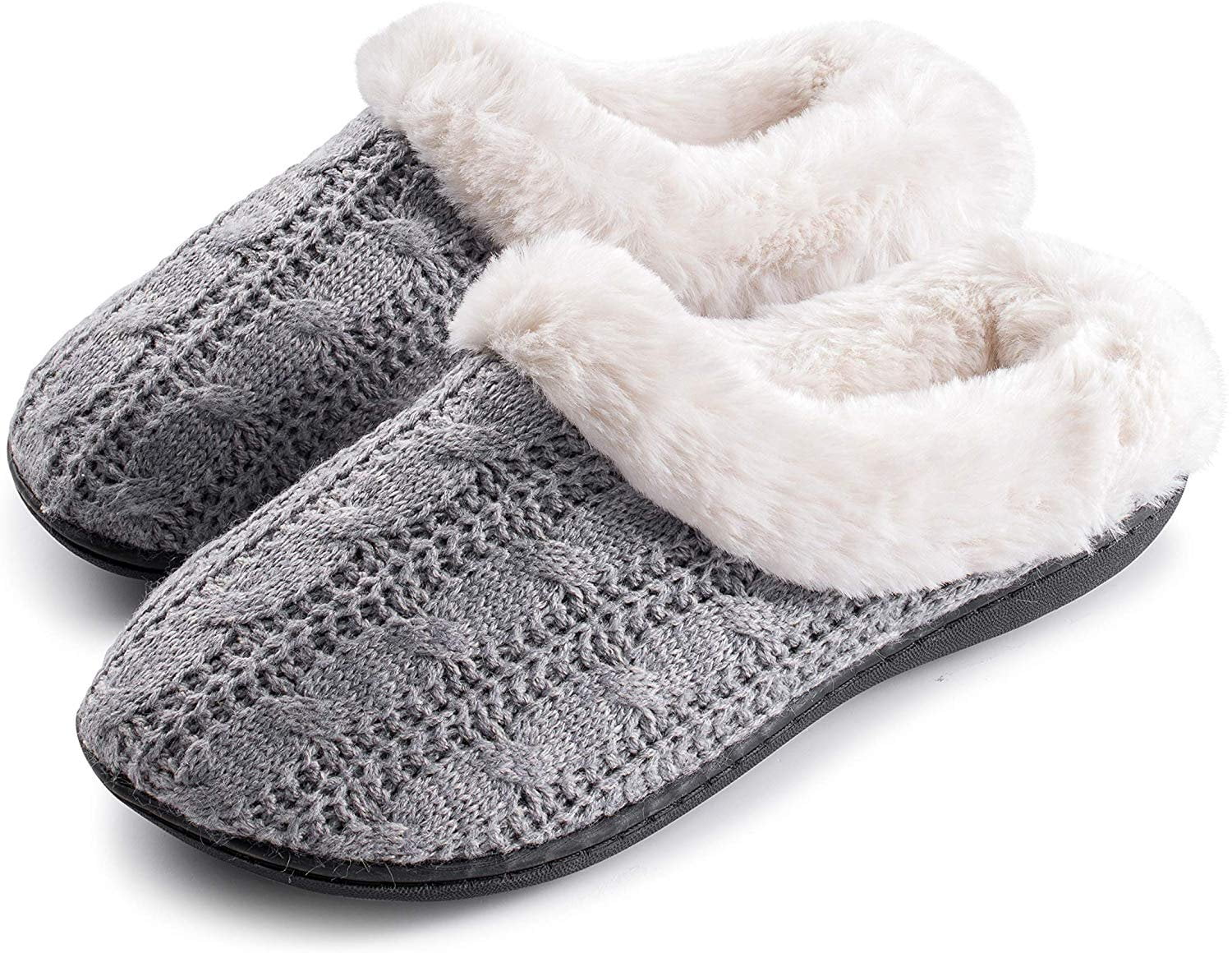 Roxoni Women's Cable Knit Slippers, Fur Lined Comfort Clog, Memory Foam ...