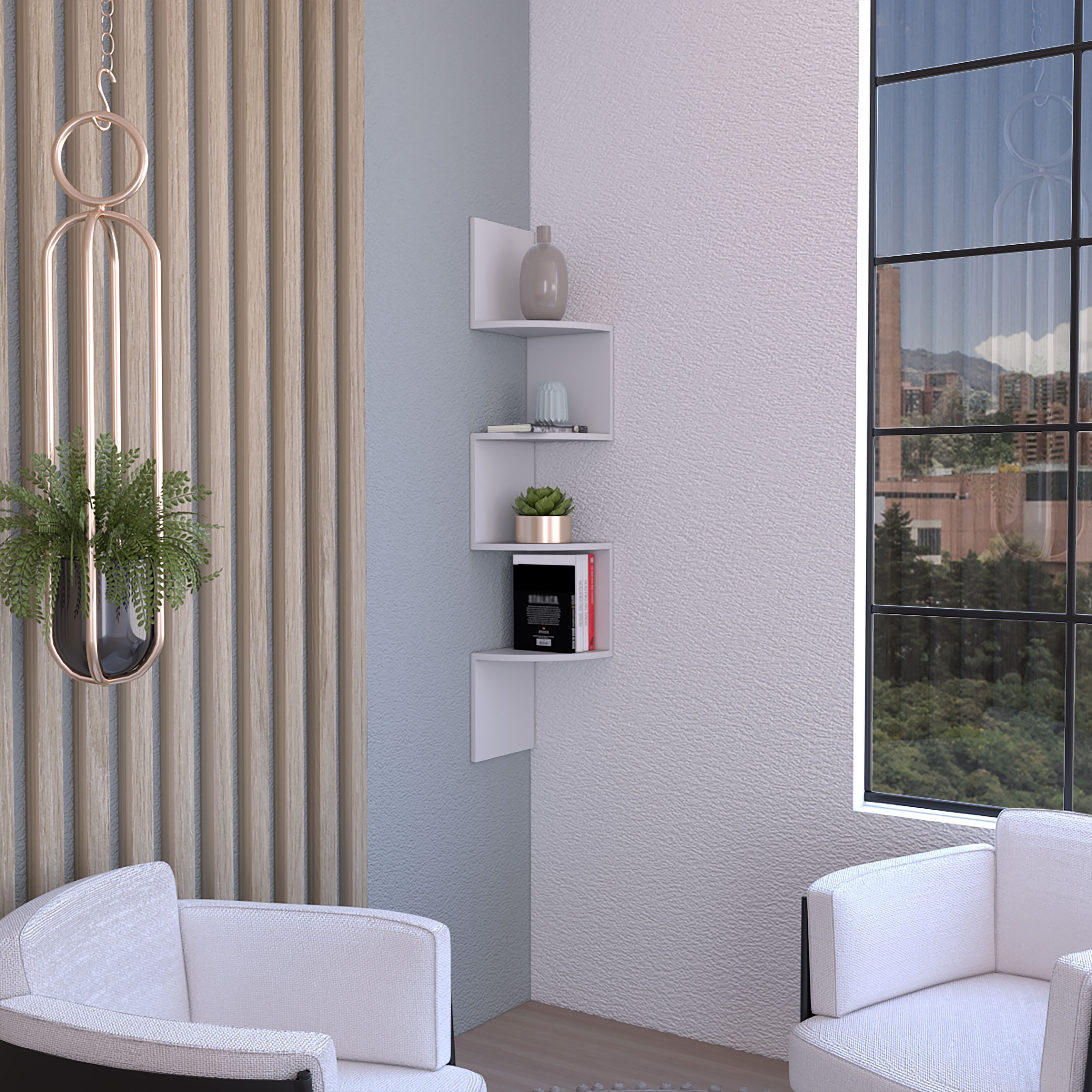 Roy Corner Floating Shelf,Modern 4-Tier Display,White,White Pine ...