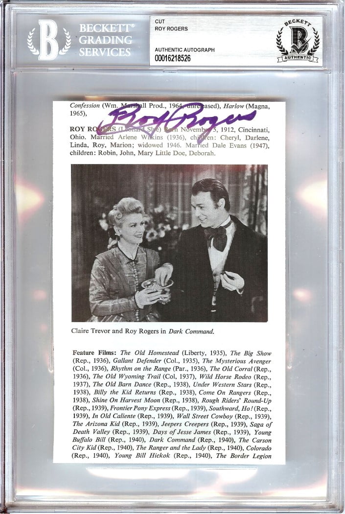 Roy Rogers Signed Autograph Cut Signature Dark Command BAS Encased 8526 ...