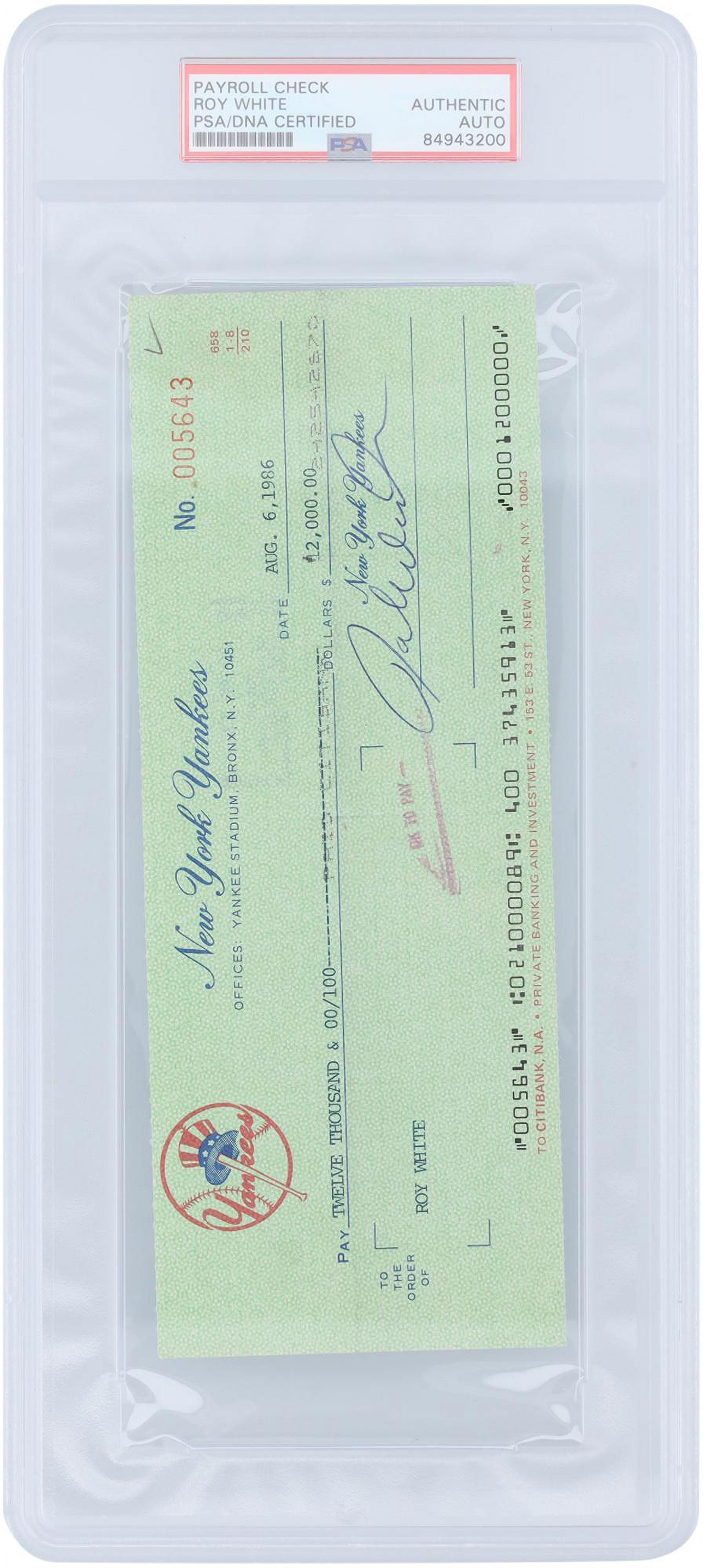 Roy White New York Yankees Autographed Check from August 6, 1986 - PSA ...