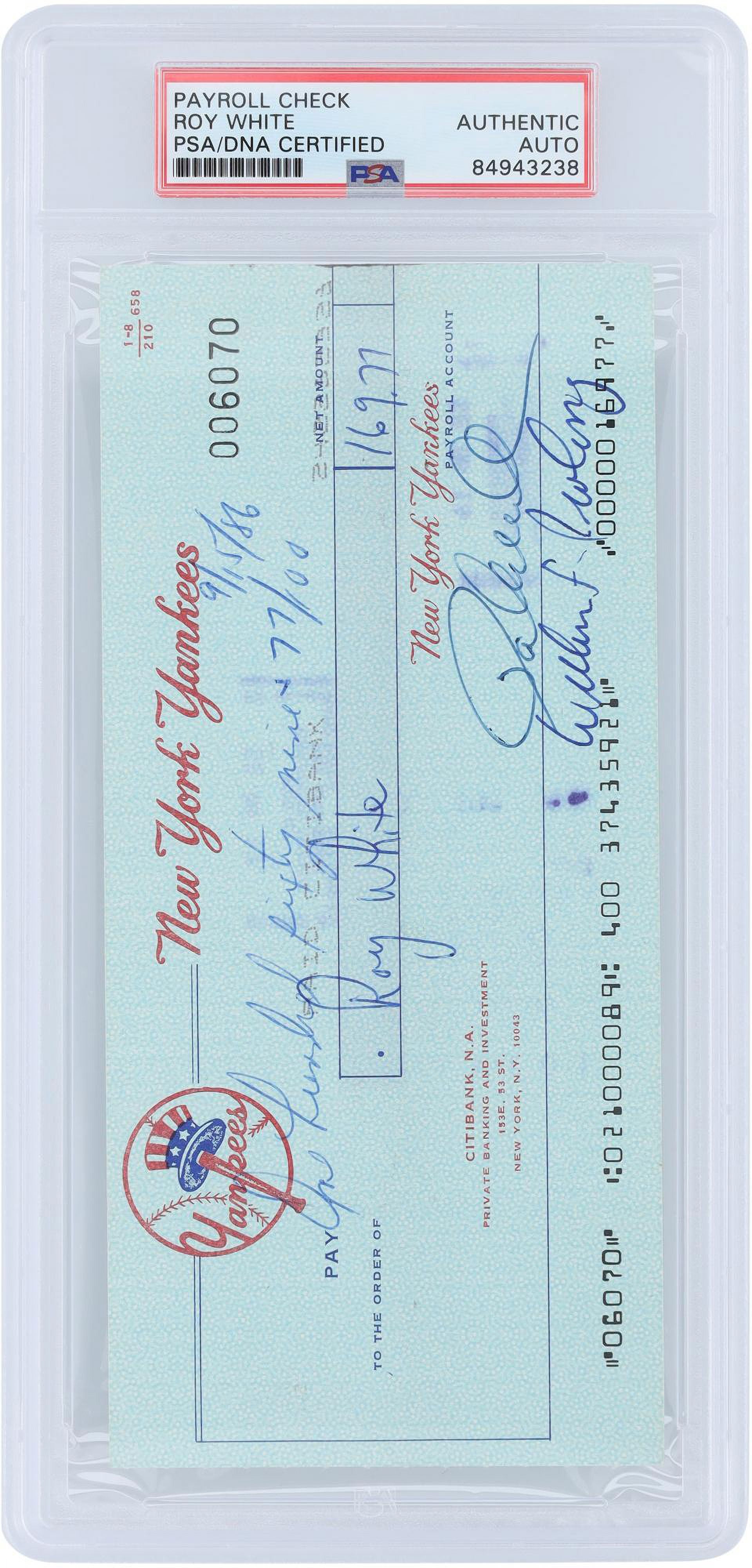 Roy White New York Yankees Autographed Check from September 15, 1986 ...