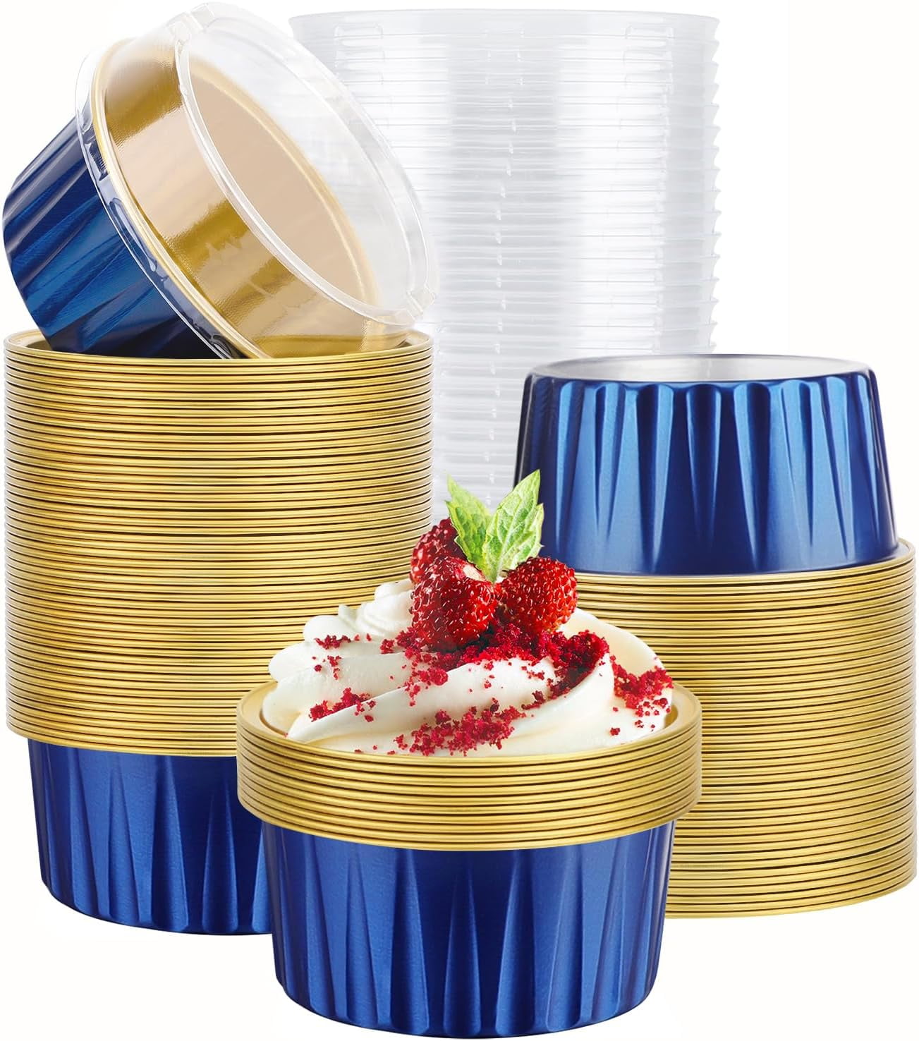Royal Blue Aluminum Foil Baking Cups with Lids, 100pcs 5oz Creme Brulee ...