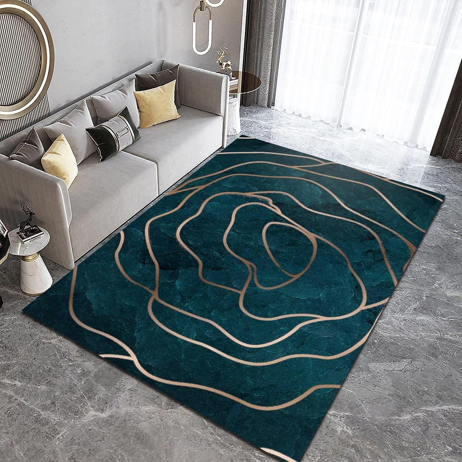 Royal Blue Area Rug, Line Art Rose Pattern Printed Rug, Soft Washable ...