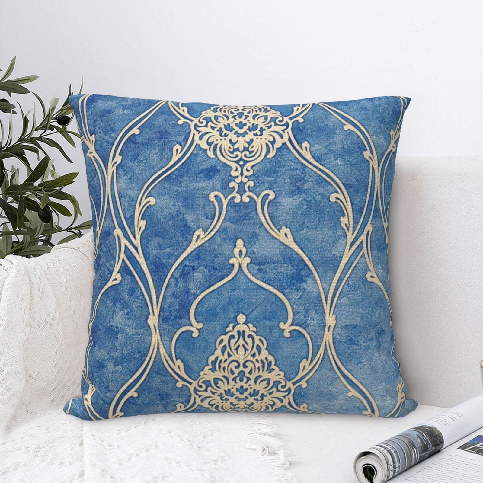 Royal Blue Beige Gold Victorian Throw Pillow Covers Sofa Rustic Home ...