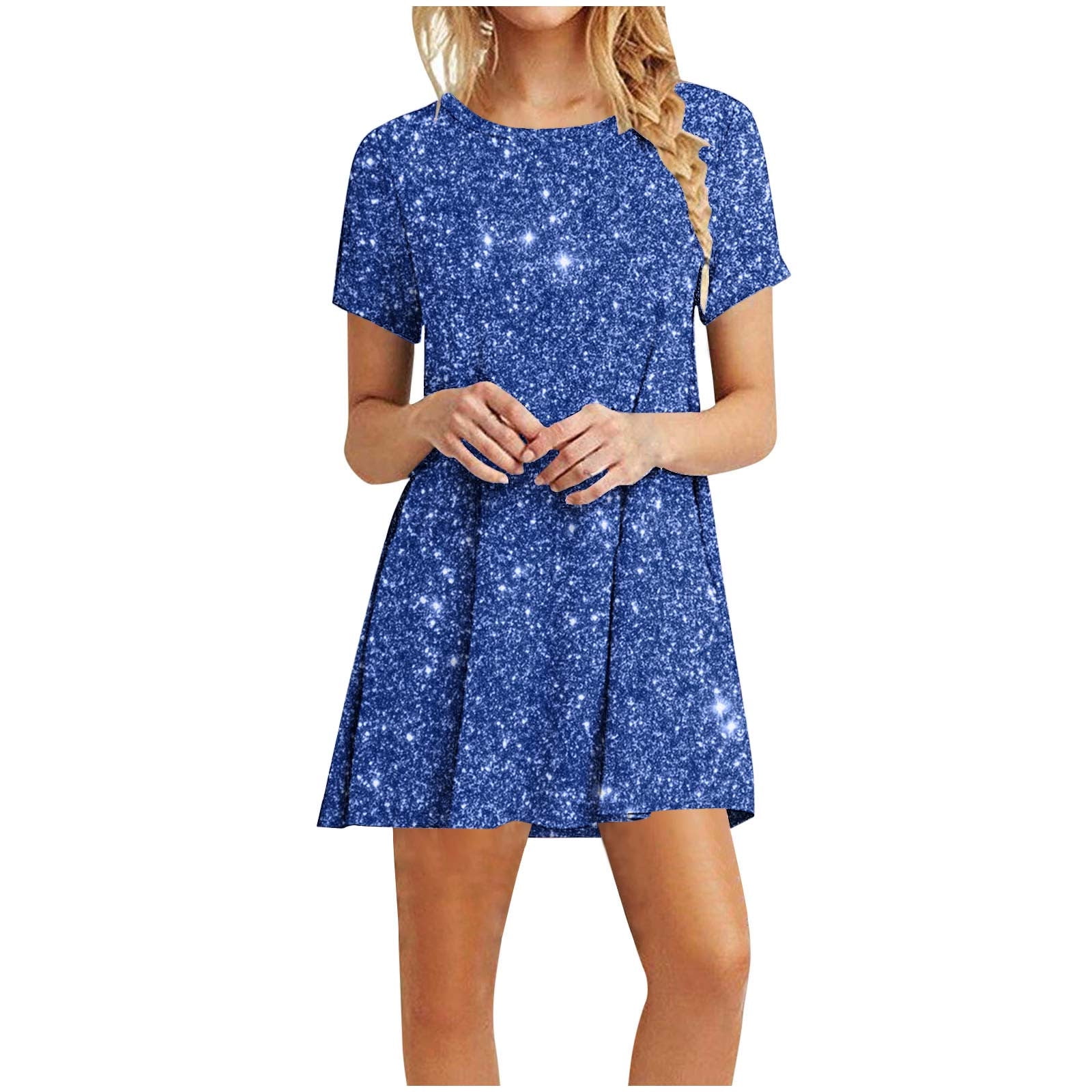 Royal Blue Brunch Dresses for Ladies Fall Summer Short Sleeve Crew Neck ...