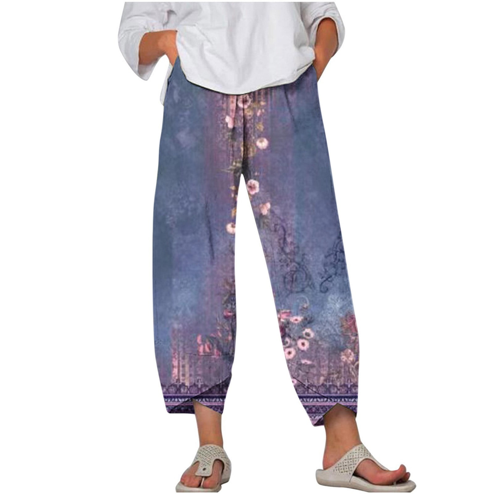 Royal Blue Brunch Trousers Pants for Women Summer Fall Faux Linen Loose ...