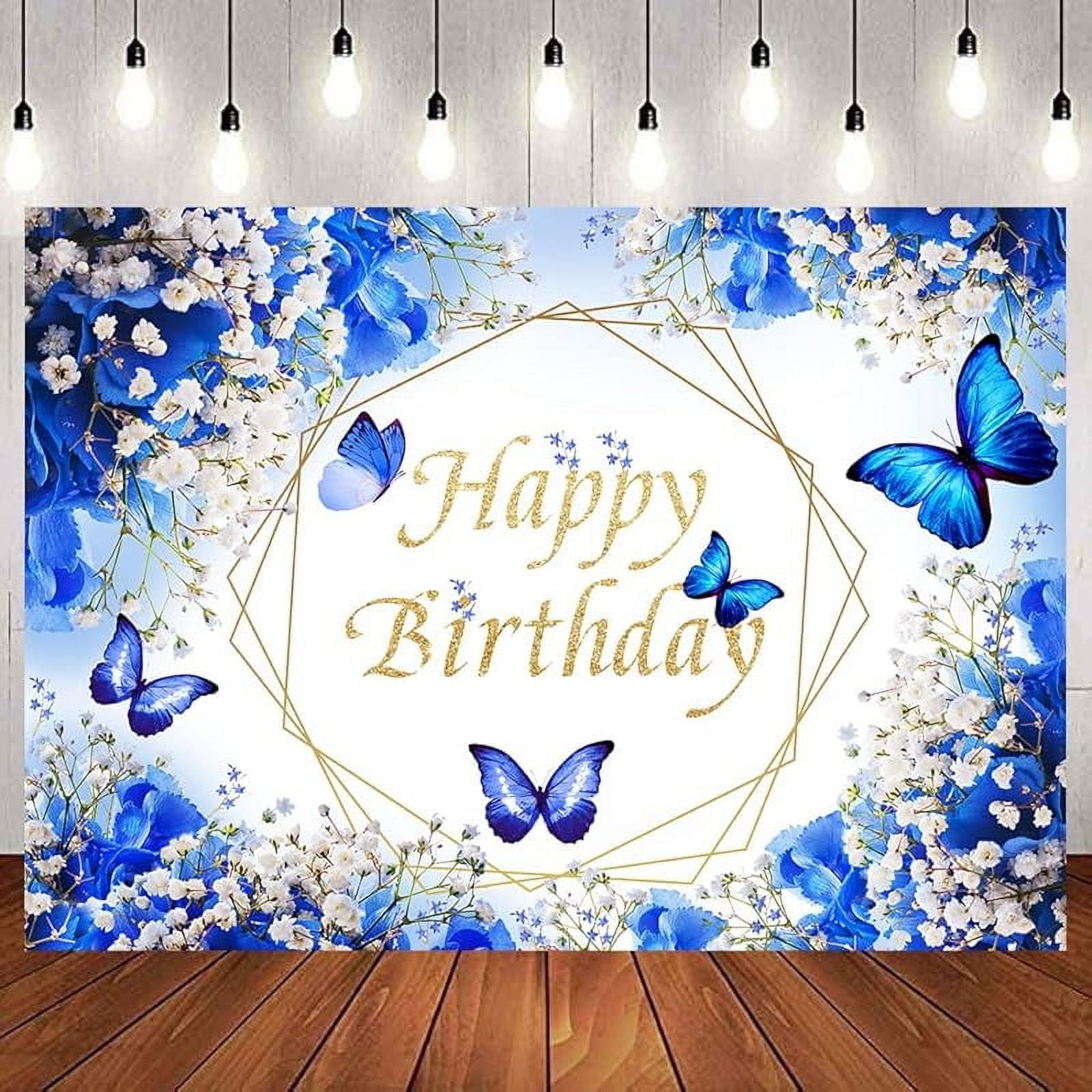 Royal Blue Butterfly Backdrop Happy Birthday Floral Flowers Gypsophila ...