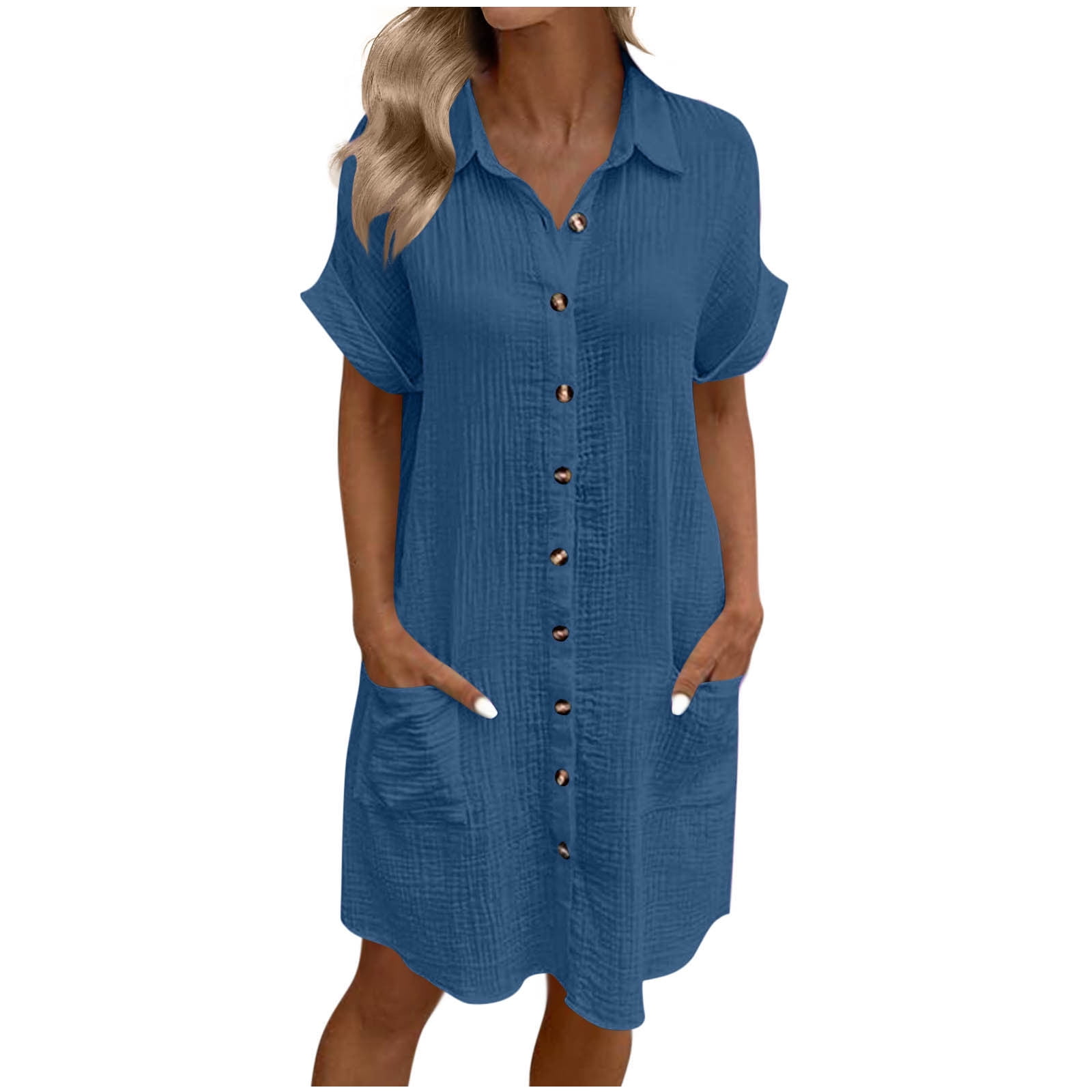 Royal Blue Button Up Dresses for Ladies Fall Summer Short Sleeve ...
