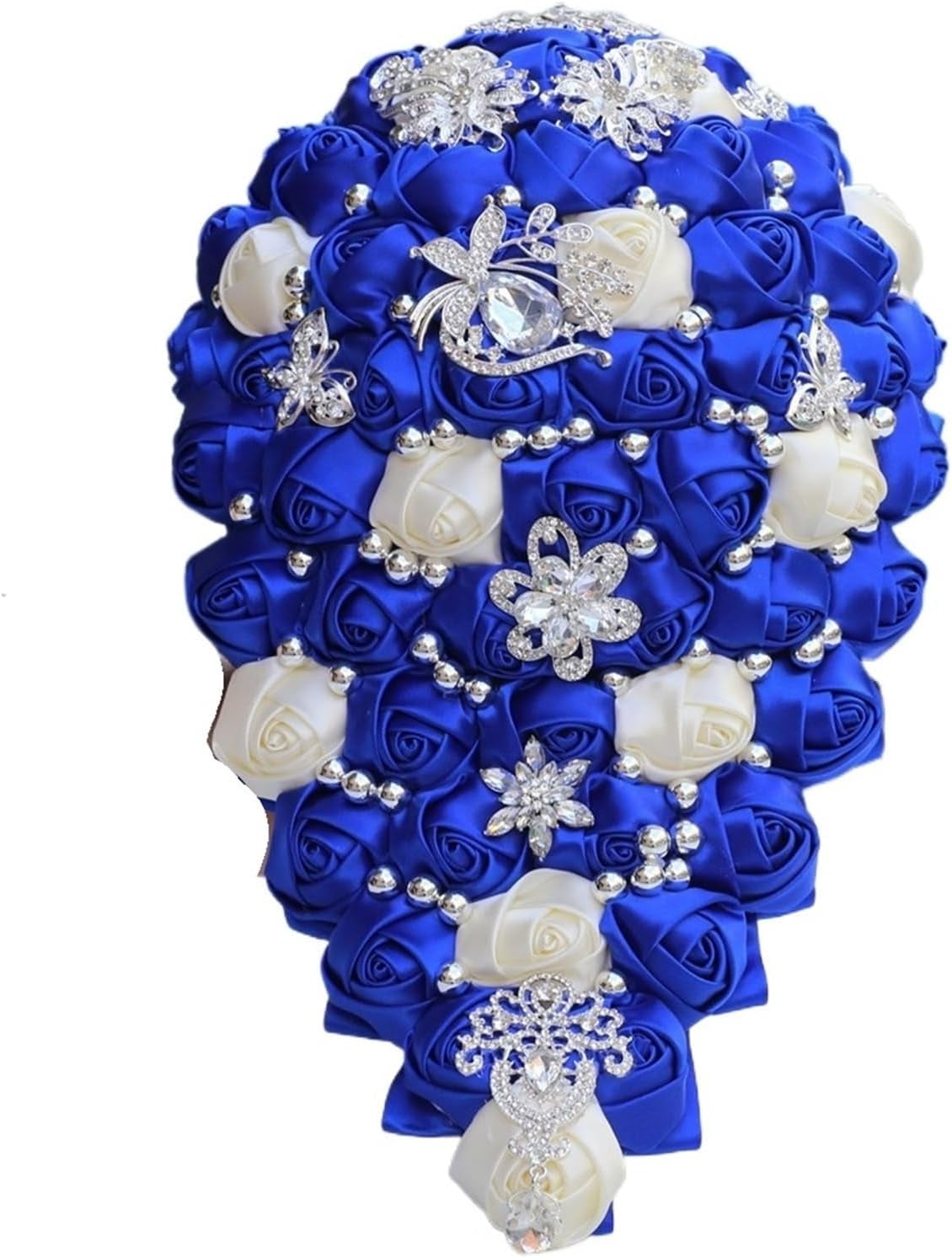 Royal Blue Cascading Wedding Bouquets with Silver Crystal Jewelry ...