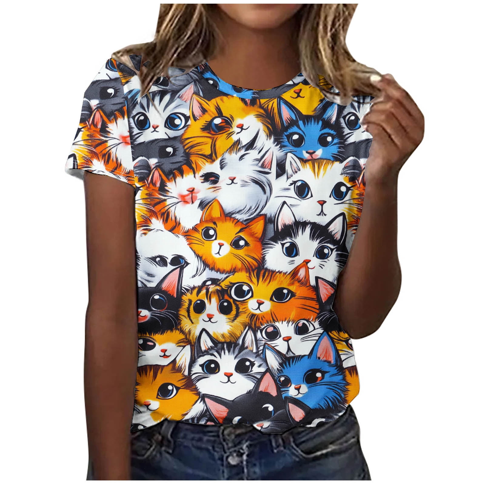 Royal Blue Cat Graphic Loose Fit Tops for Women Fall Summer Short ...