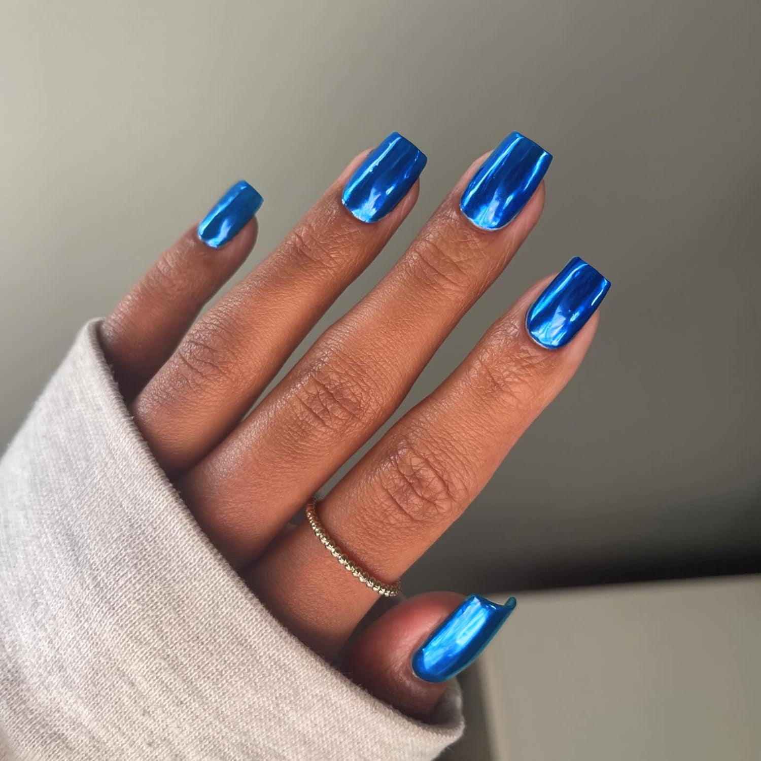 Royal Blue Chrome Square Press on Nails Short Medium, Metallic Fake ...