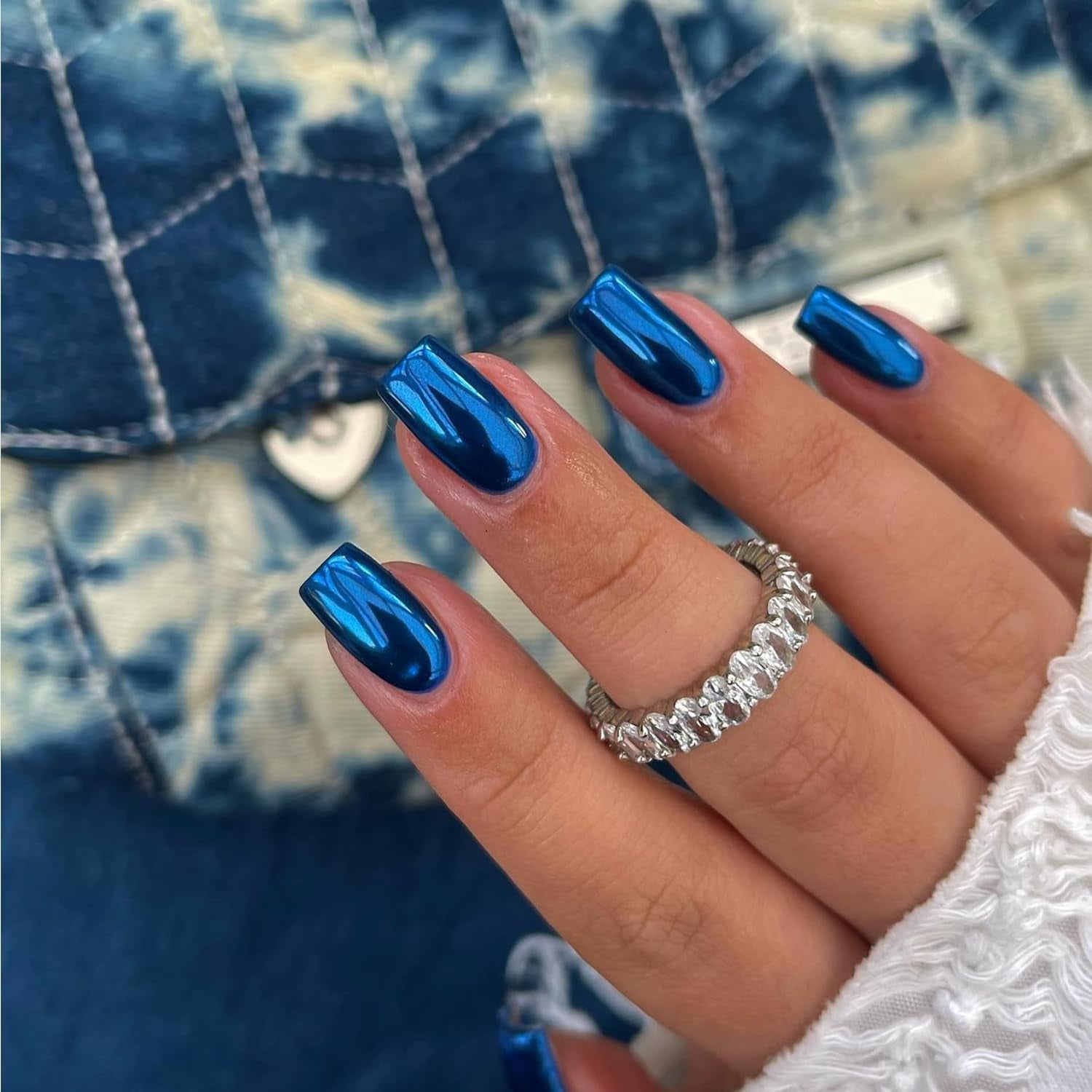 Royal Blue Chrome Square Press on Nails Short Medium, Mirror Metal ...