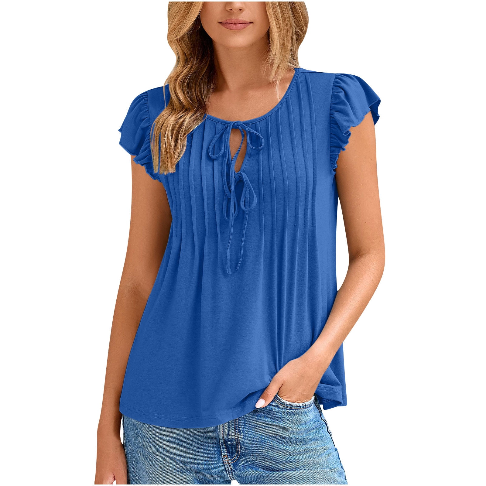 Royal Blue Crew Neck Tops for Women Fall Summer Ruffle Cap Short Sleeve ...