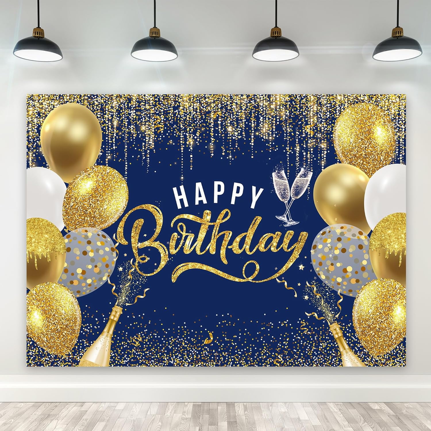 Royal Blue Gold Happy Birthday Backdrop Balloons Champagne Polyester ...