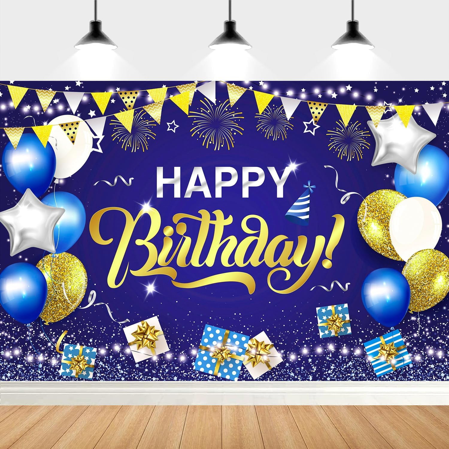Royal Blue Gold Happy Birthday Backdrops Cloth Birthday Photography Background Blue Gold Happy ...