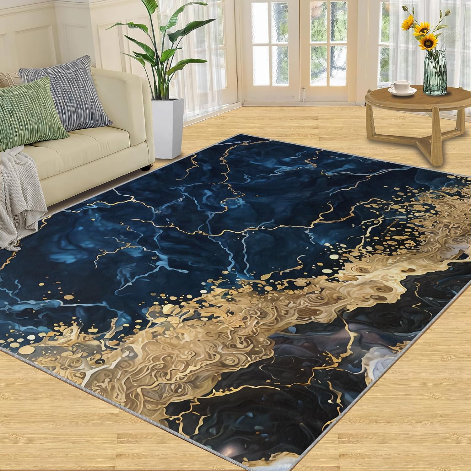Royal Blue Gold Rug, Abstract Marble Kids Bedroom Rug, Area Rug with ...