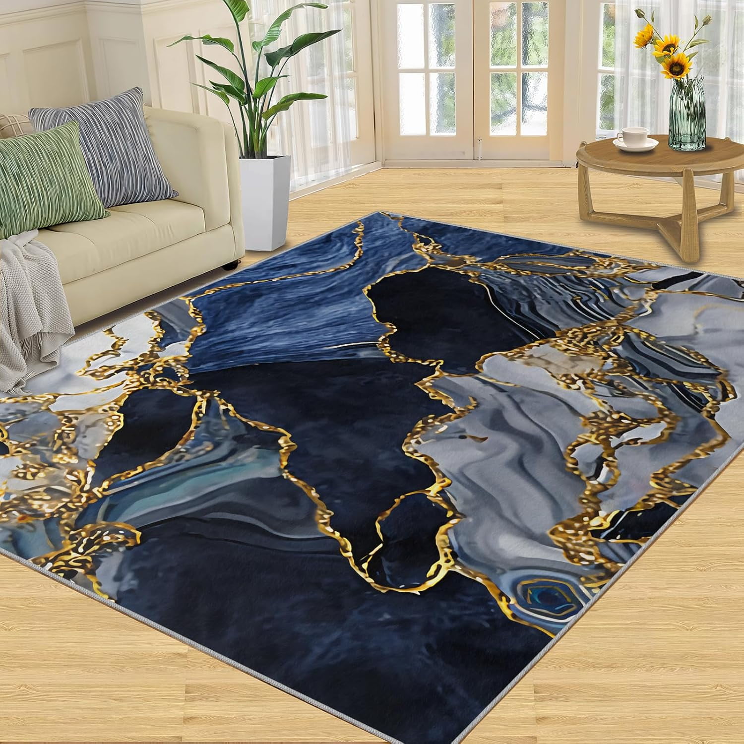 Royal Blue Gold Rug Bathroom Rug, Fashion Marble Living Room Rug, Anti ...