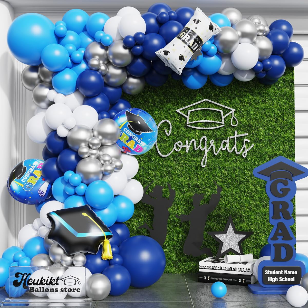 Royal Blue Graduation Balloon Garland Arch Kit, 144Pcs Navy Blue Silver ...