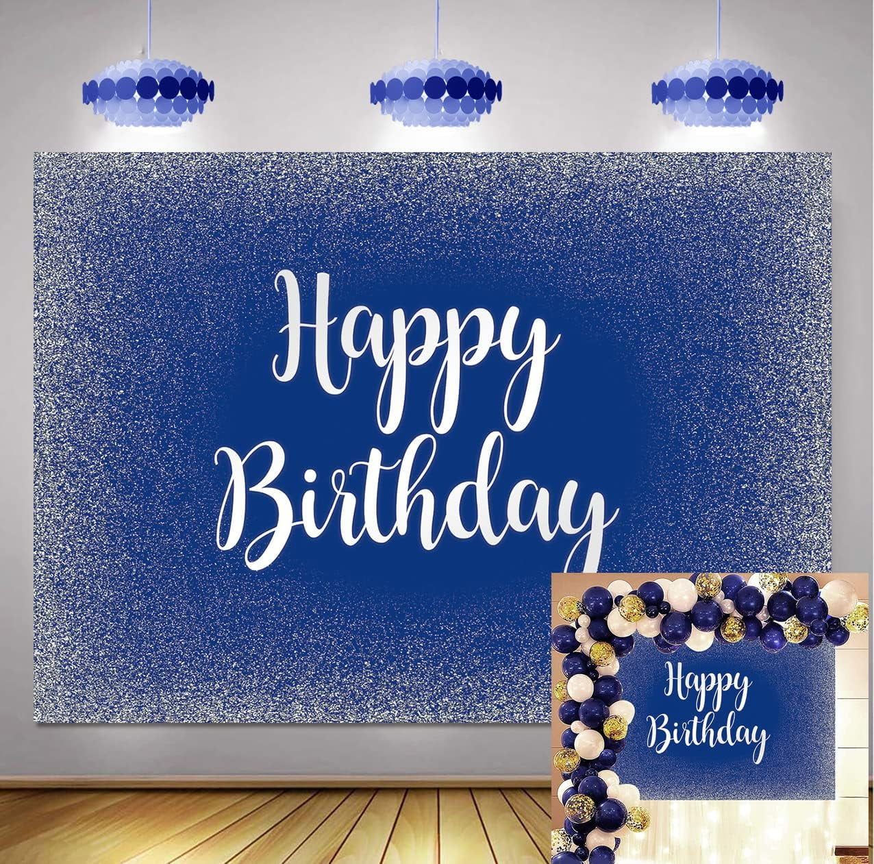 Royal Blue Happy Birthday Backdrop Adults Mans Boys Bday Party Banner Silver Spots Photography ...