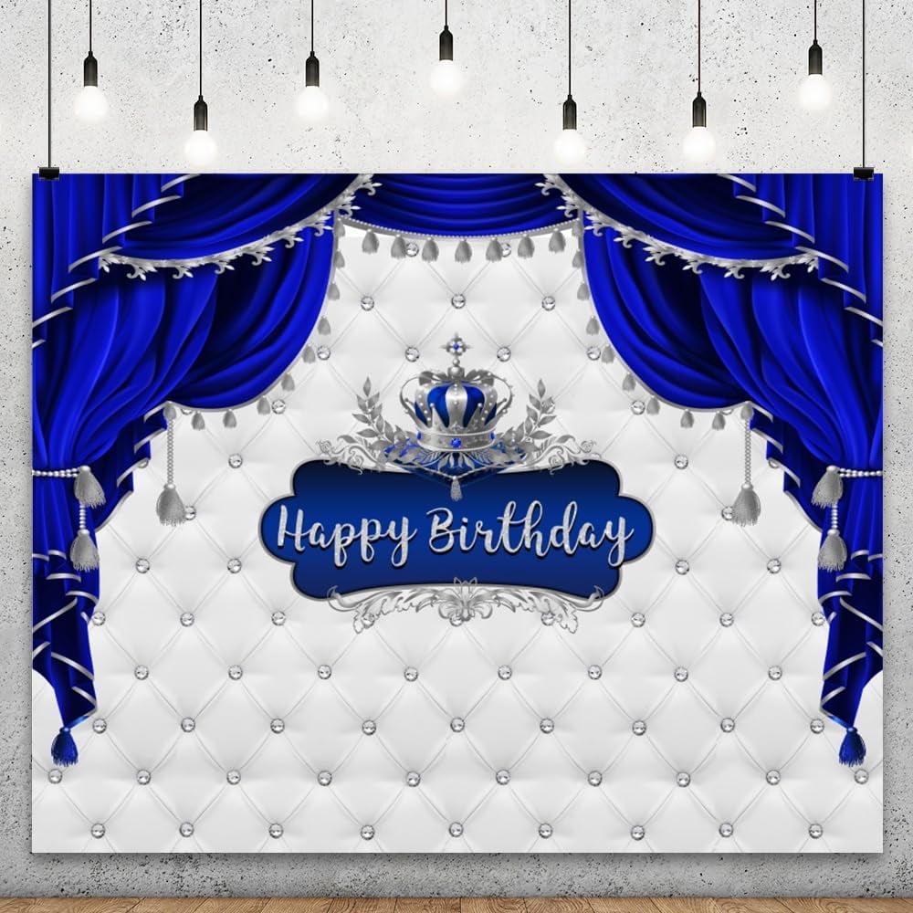 Royal Blue Happy Birthday Pretty Backdrop Headboard Sofa Texture Silver Crown Blue Curtain ...