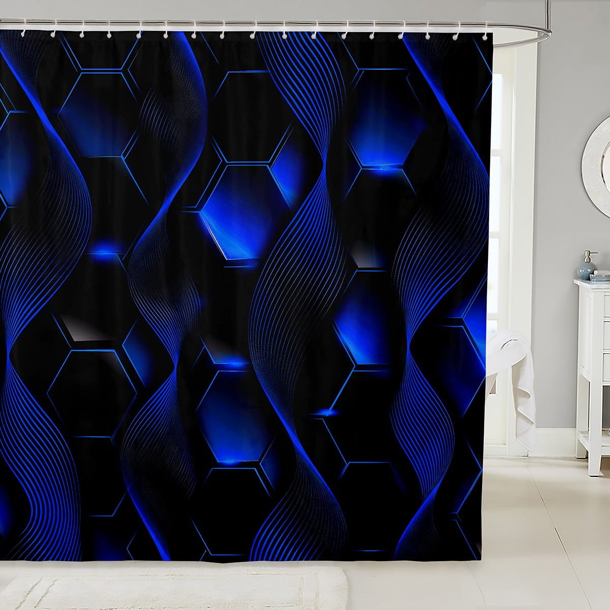 Royal Blue Honeycomb Bathroom Shower Curtain Sets,Geometric Striped Hexagonal Shower Curtain ...