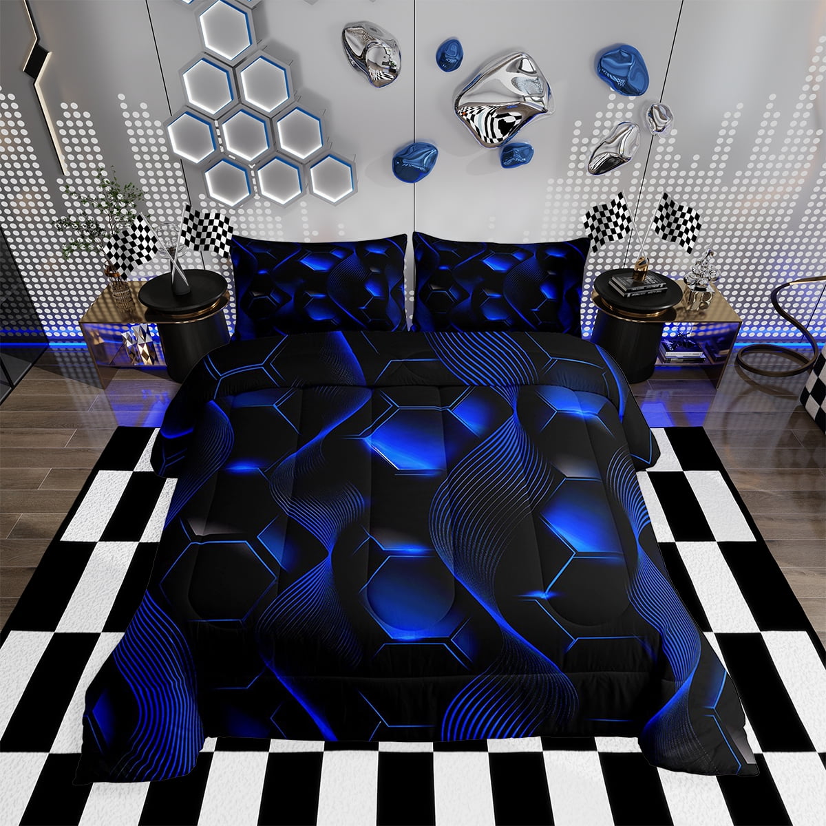 Royal Blue Honeycomb Bedding Set,Geometric Striped Hexagonal Comforter ...