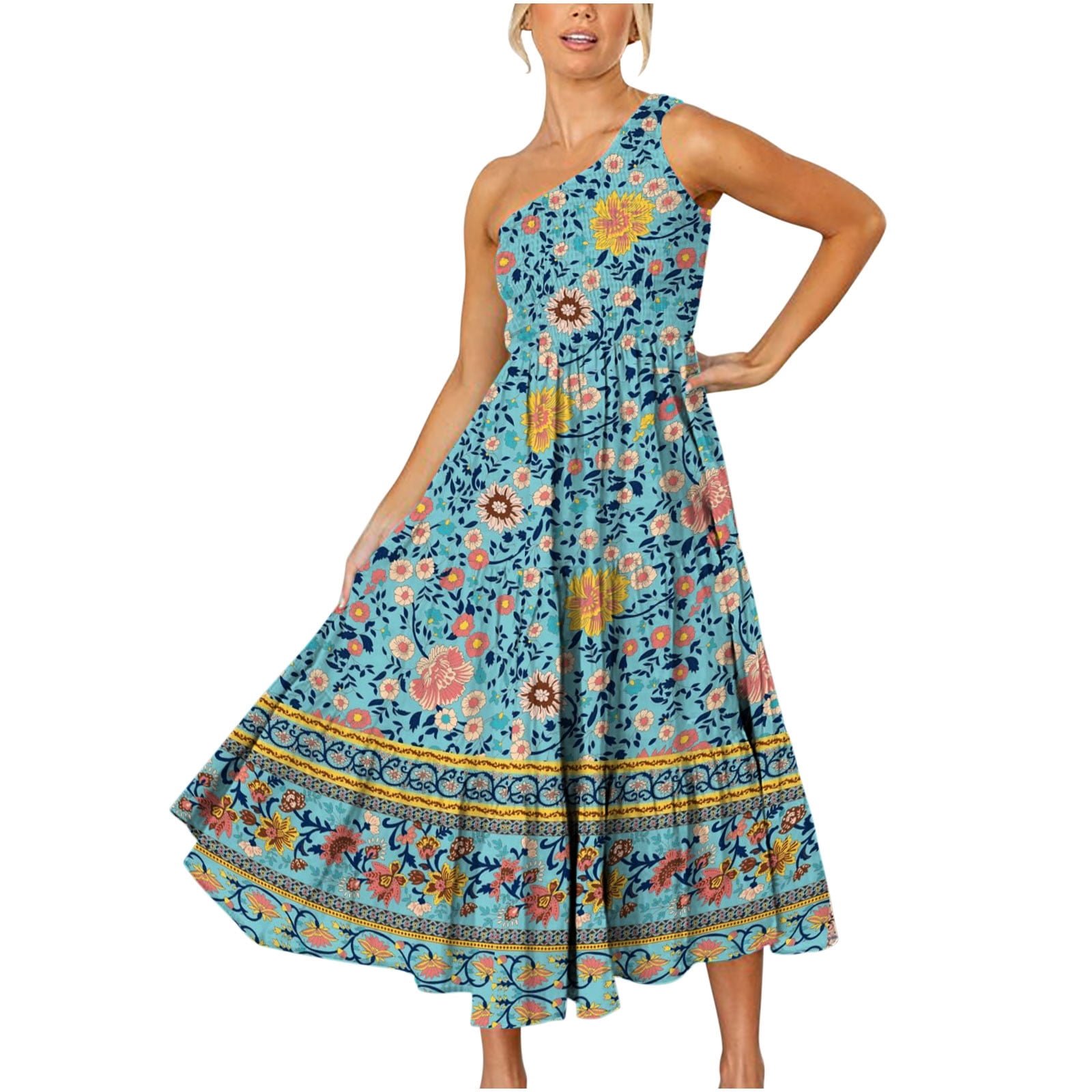 Royal Blue Juniors Floral Loose Fit Skew Neck Dresses for Women ...