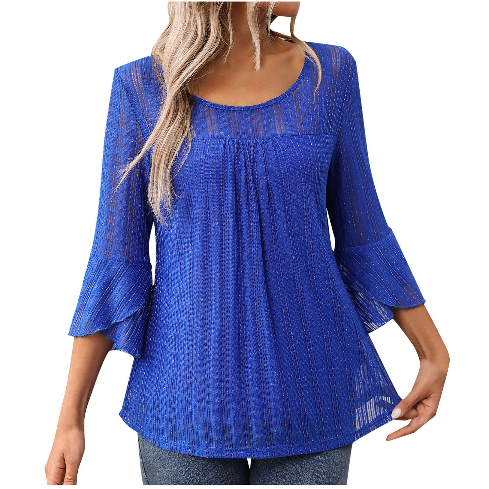 Royal Blue Ladies Brunch Tops Ruffle 3/4 Butterfly Sleeve Blouse for ...
