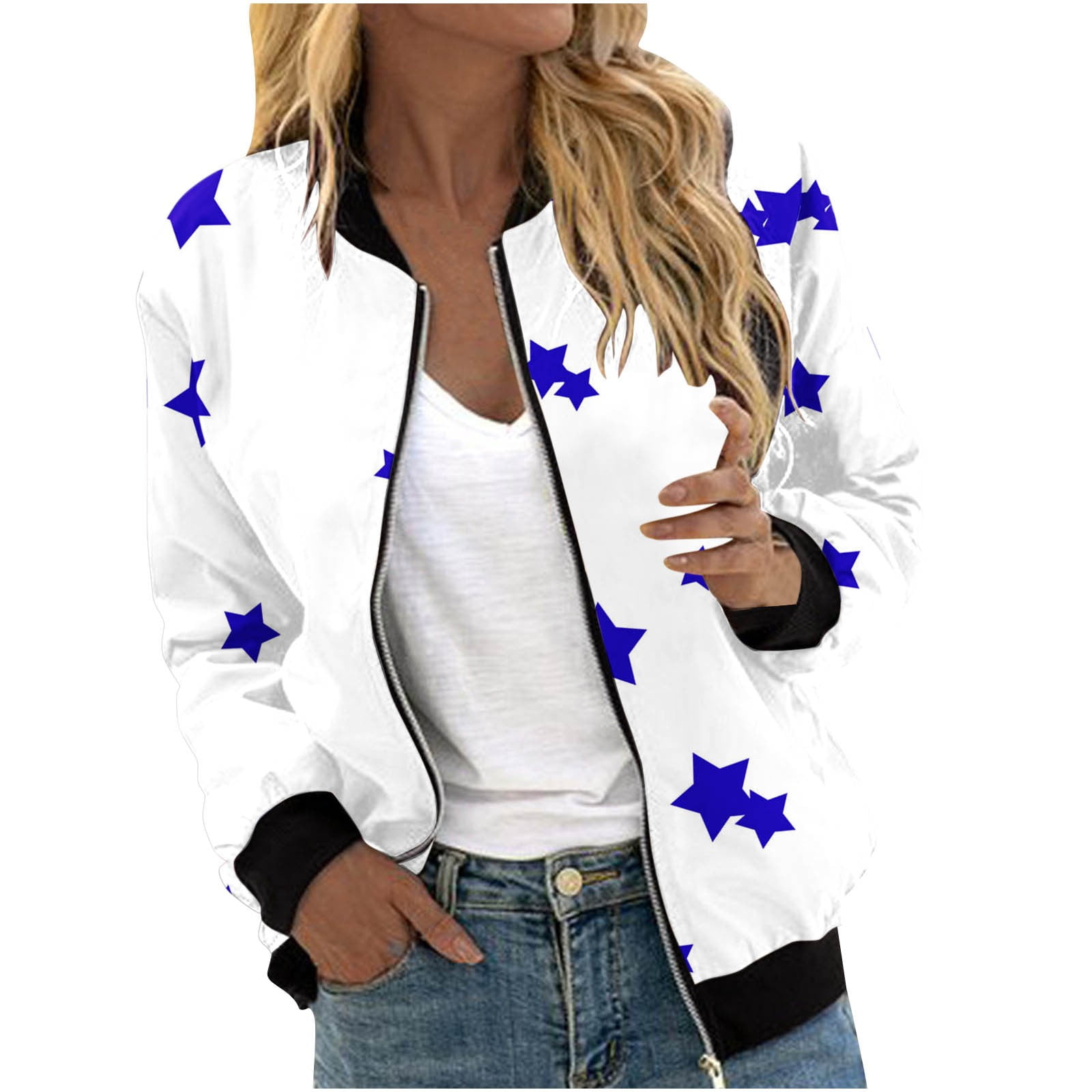 Royal Blue Ladies Casual Zip Up Coat for Women Spandex Star Print ...