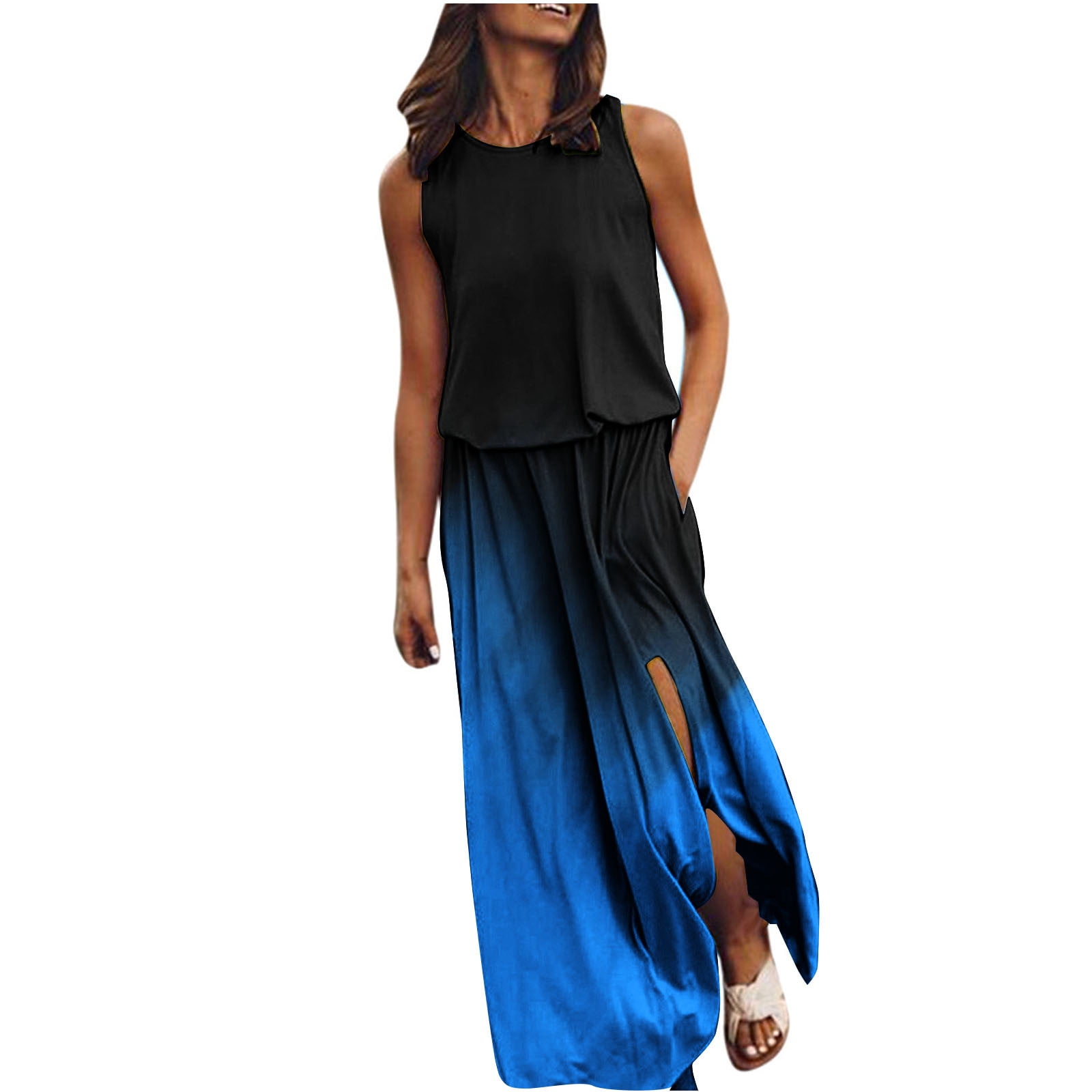Royal Blue Ladies Hawaiian Pleated Slit Tropical Maxi Long Gradient ...
