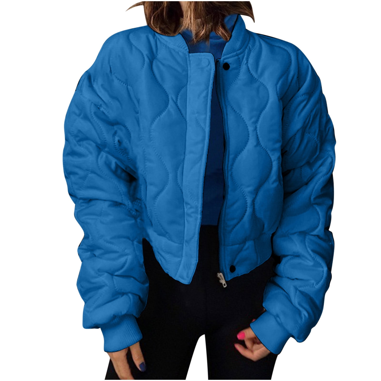 Royal Blue Ladies Long Sleeve Baseball Loose Fit Padded Jacket Coats ...