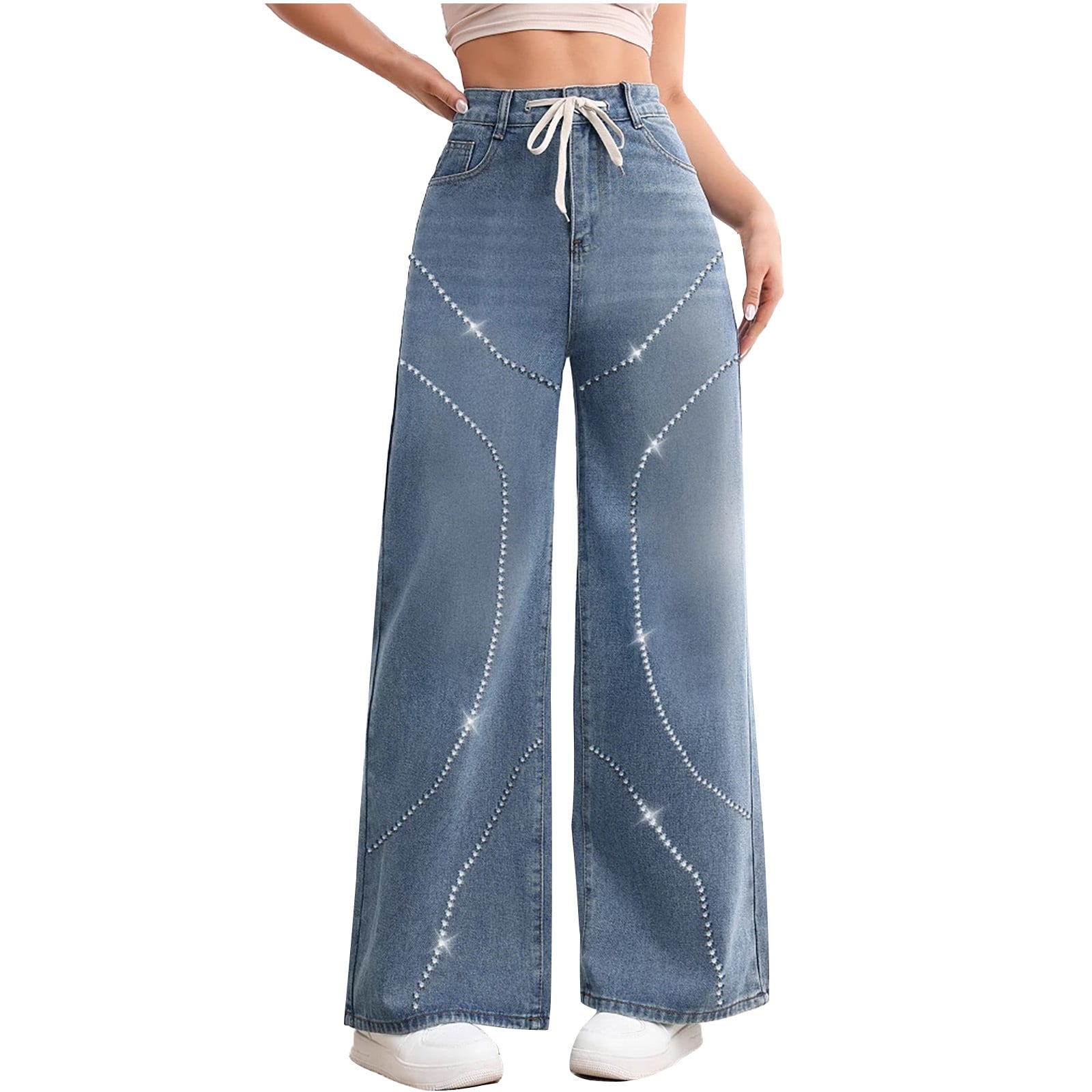 Royal Blue Ladies Loose Fit Denim Pants for Juniors Casual Western High ...
