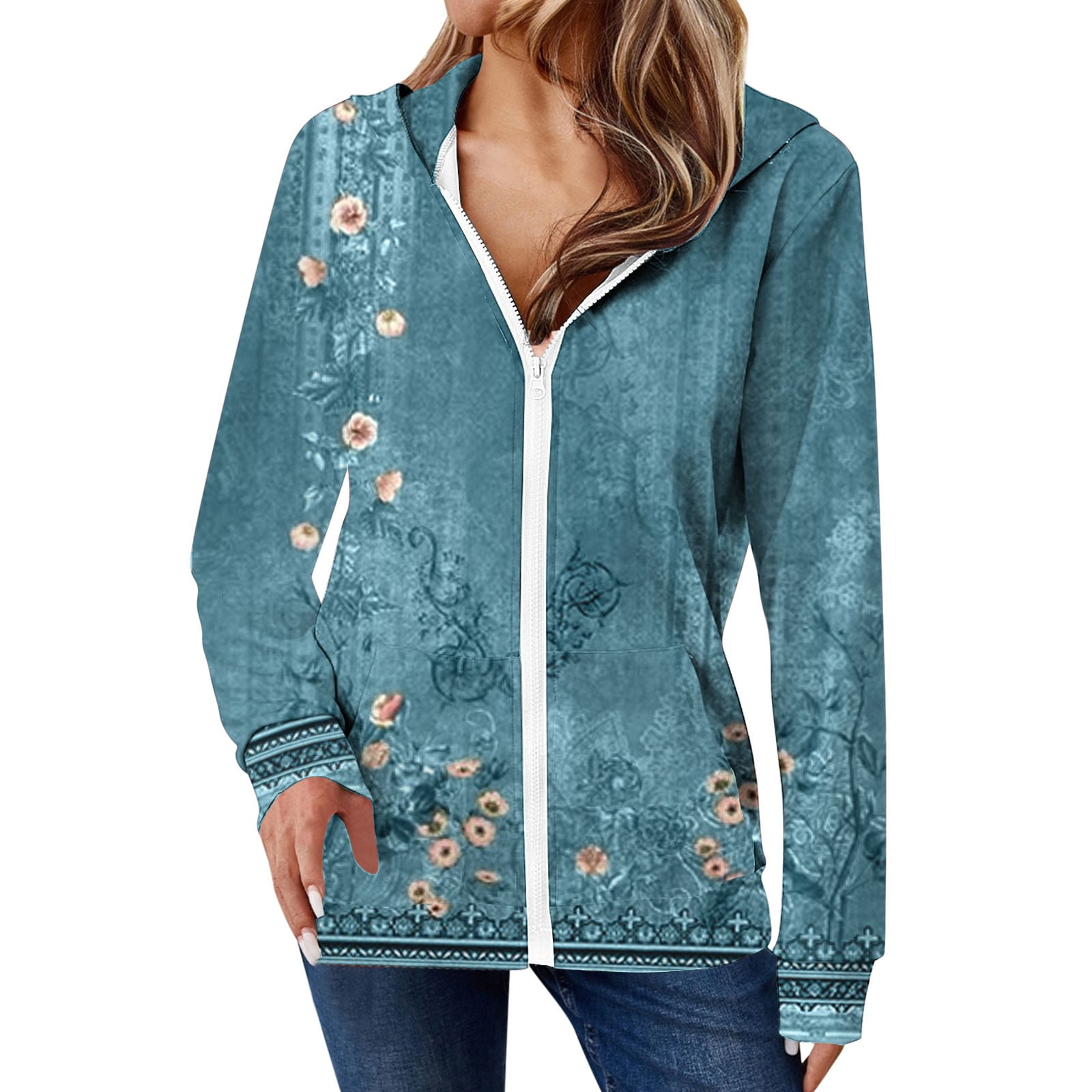 Royal Blue Long Sleeve Hoods for Women Fall Winter Floral Print Brunch ...
