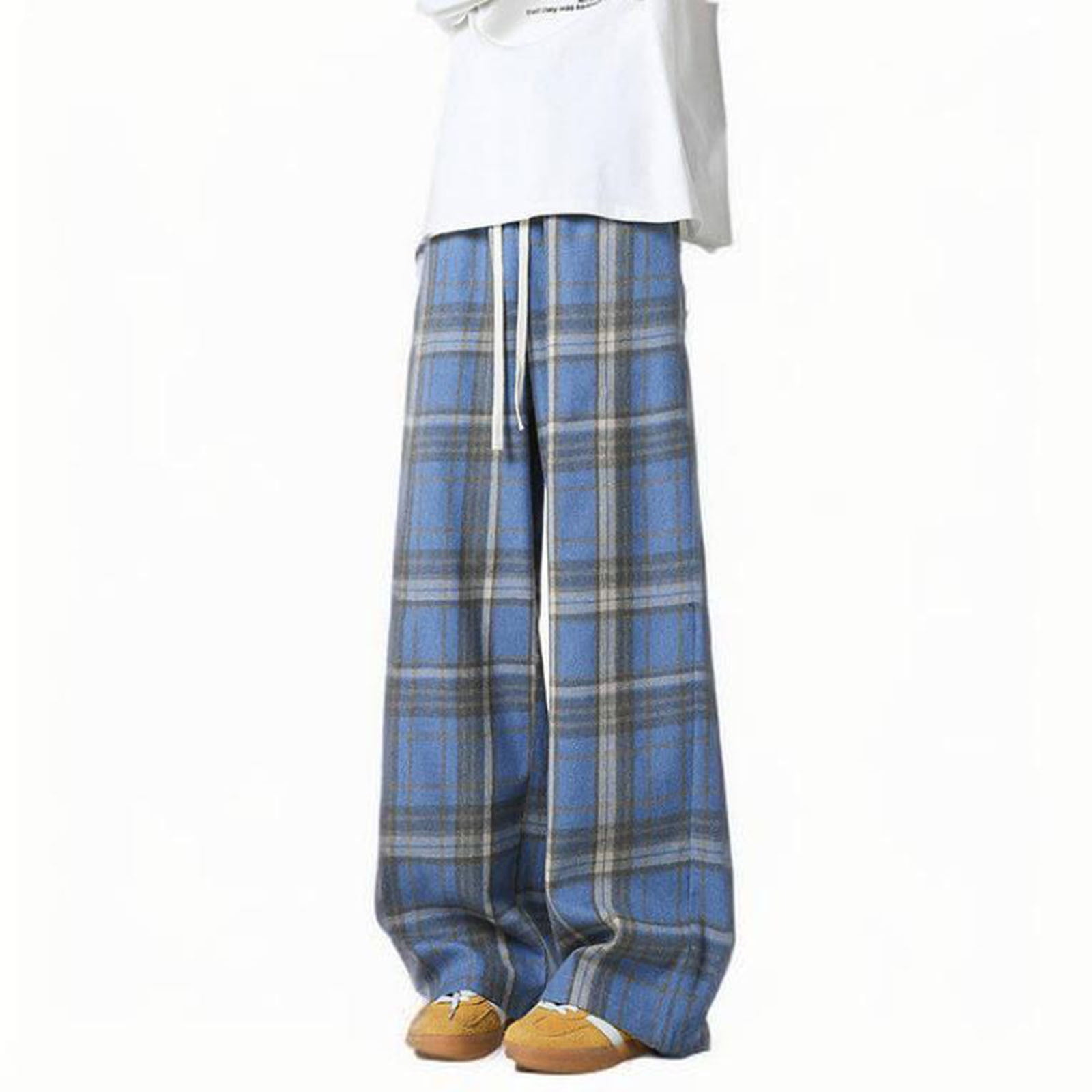 Royal Blue Loose Fit for Mens Summer Fall Lounge Vintage Plaid Flare ...