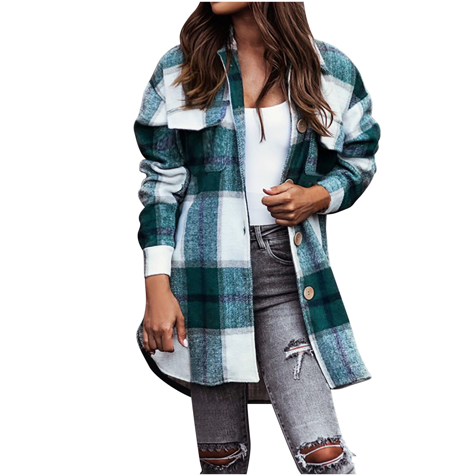 Royal Blue Lounge Jackets for Women Winter Fall Loose Fit Long Plaid with Hood Jackets Shacket ...