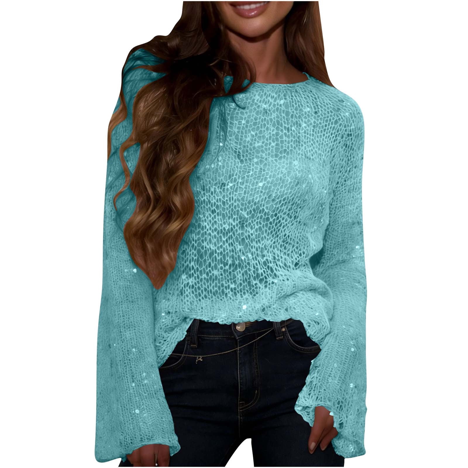 Royal Blue Lounge Shirts for Women Long Sleeve Boat Neck Sequin Sparkle ...